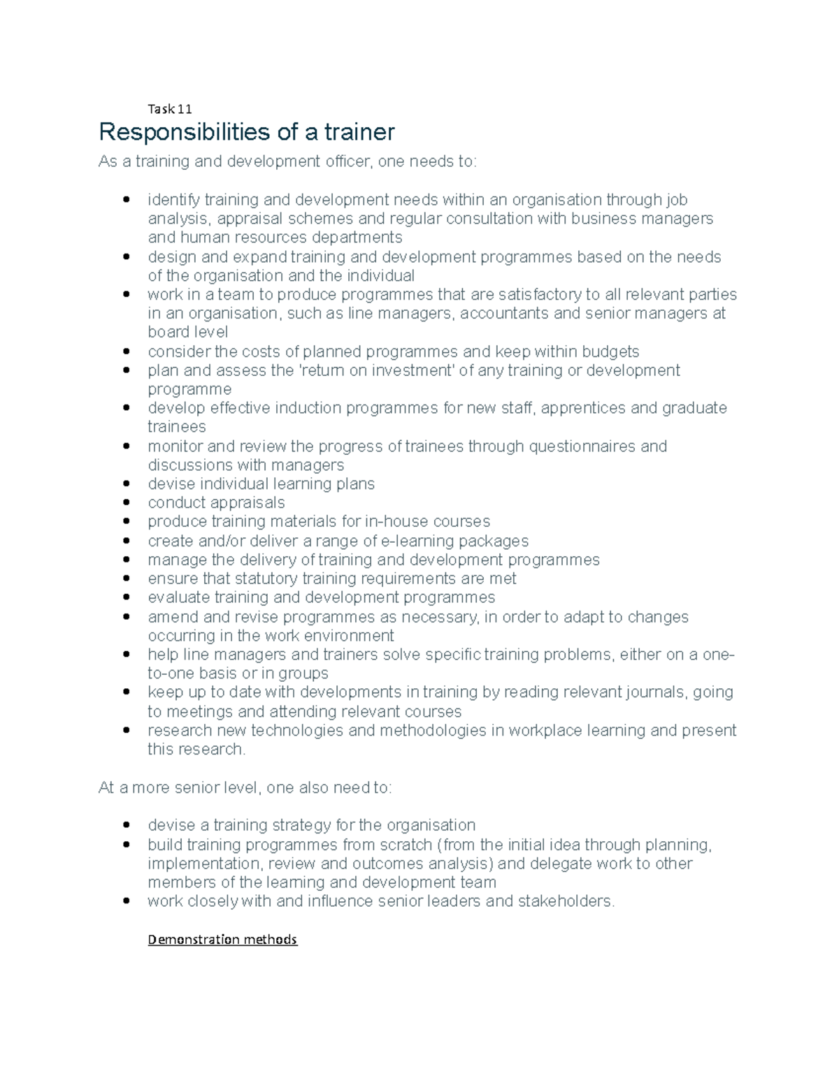 Task 11 - notes - Task 11 Responsibilities of a trainer As a training ...