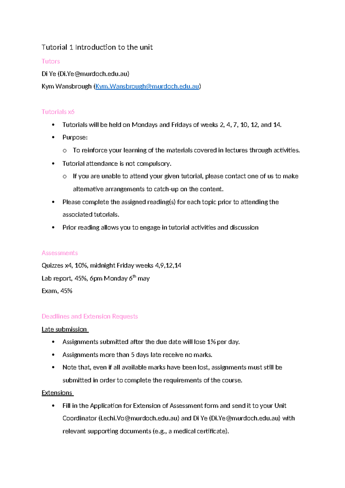 Tutorial 1 - Tutorial 1 Introduction to the unit Tutors Di Ye (Di@murdoch.edu) Kym Wansbrough ...