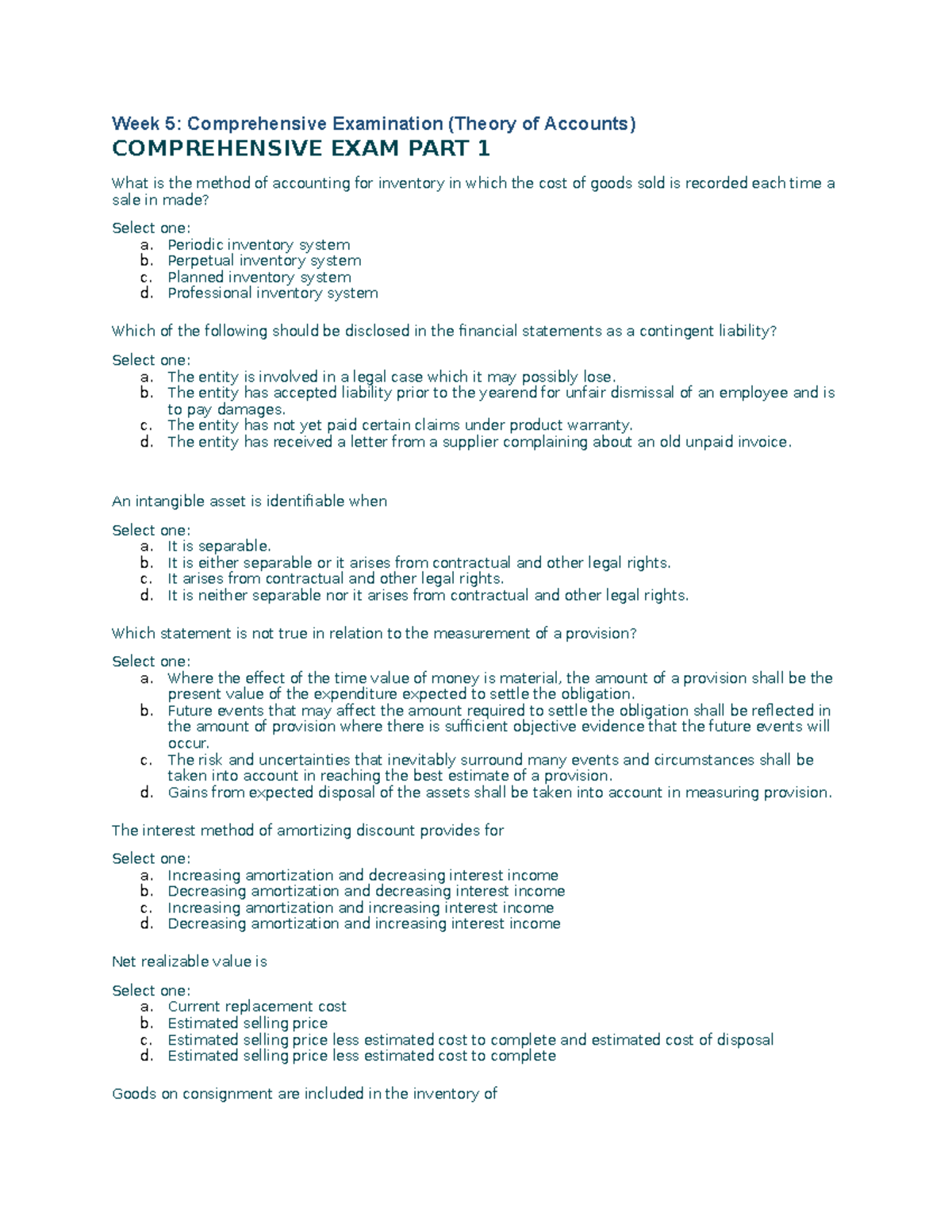 ACTG 431 Week 5 Comprehensive Examination (Theory of Accounts ...