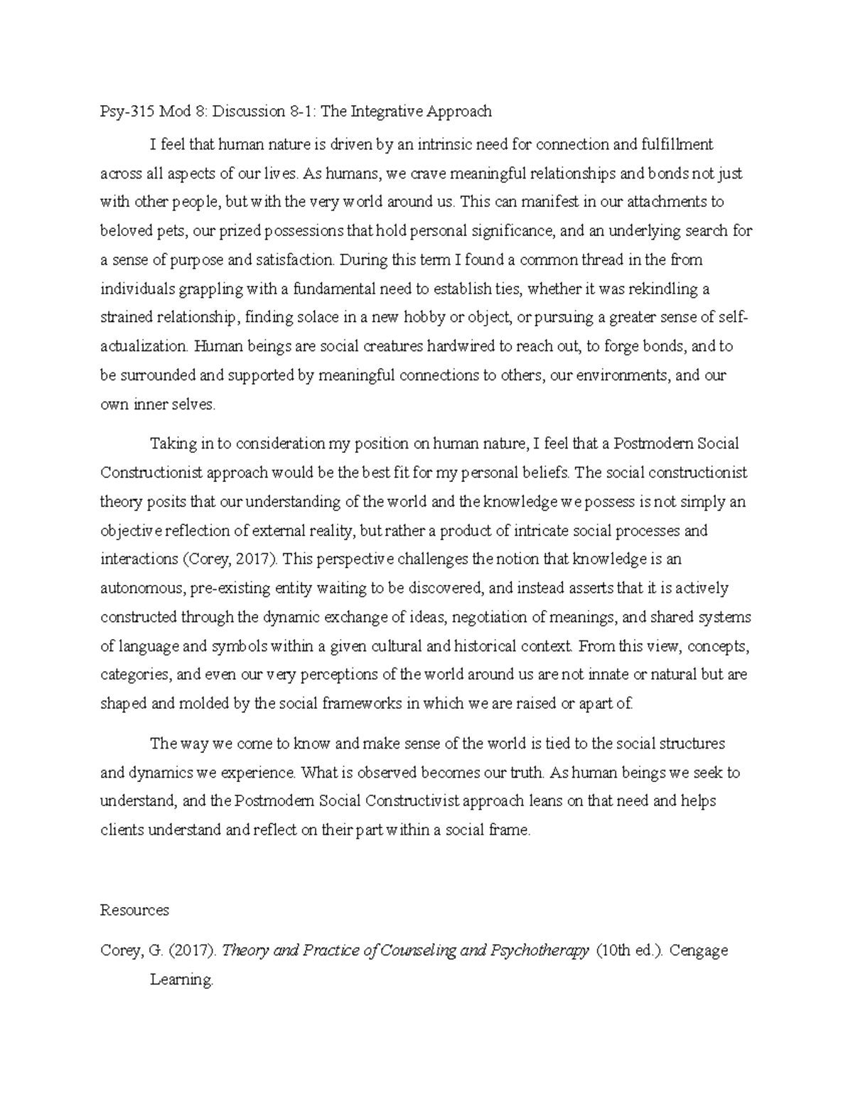 Psy315 Discussion 8-1 - Psy-315 Mod 8: Discussion 8-1: The Integrative ...