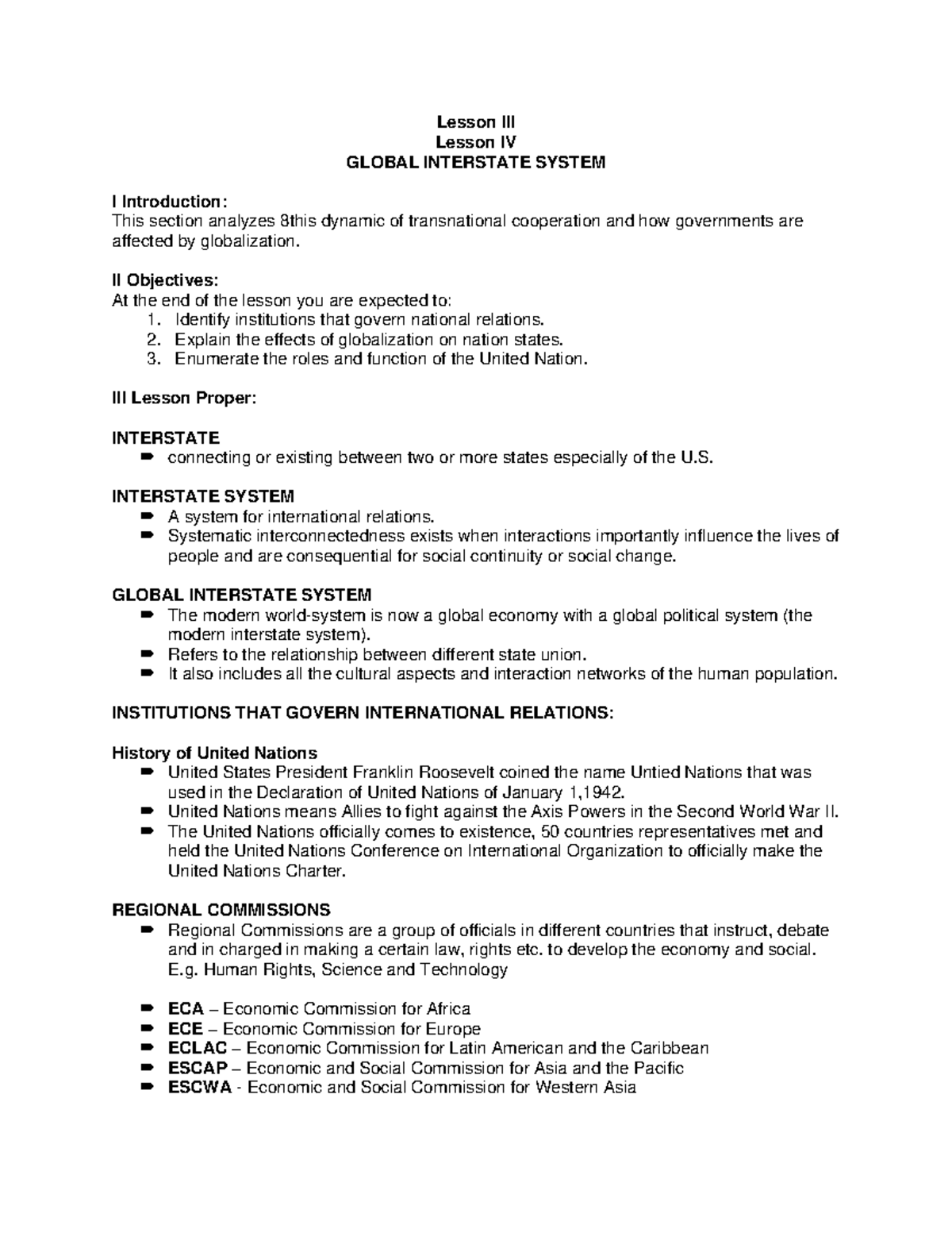 Lesson 4 Global Interstate System and Global Governance - Lesson III ...