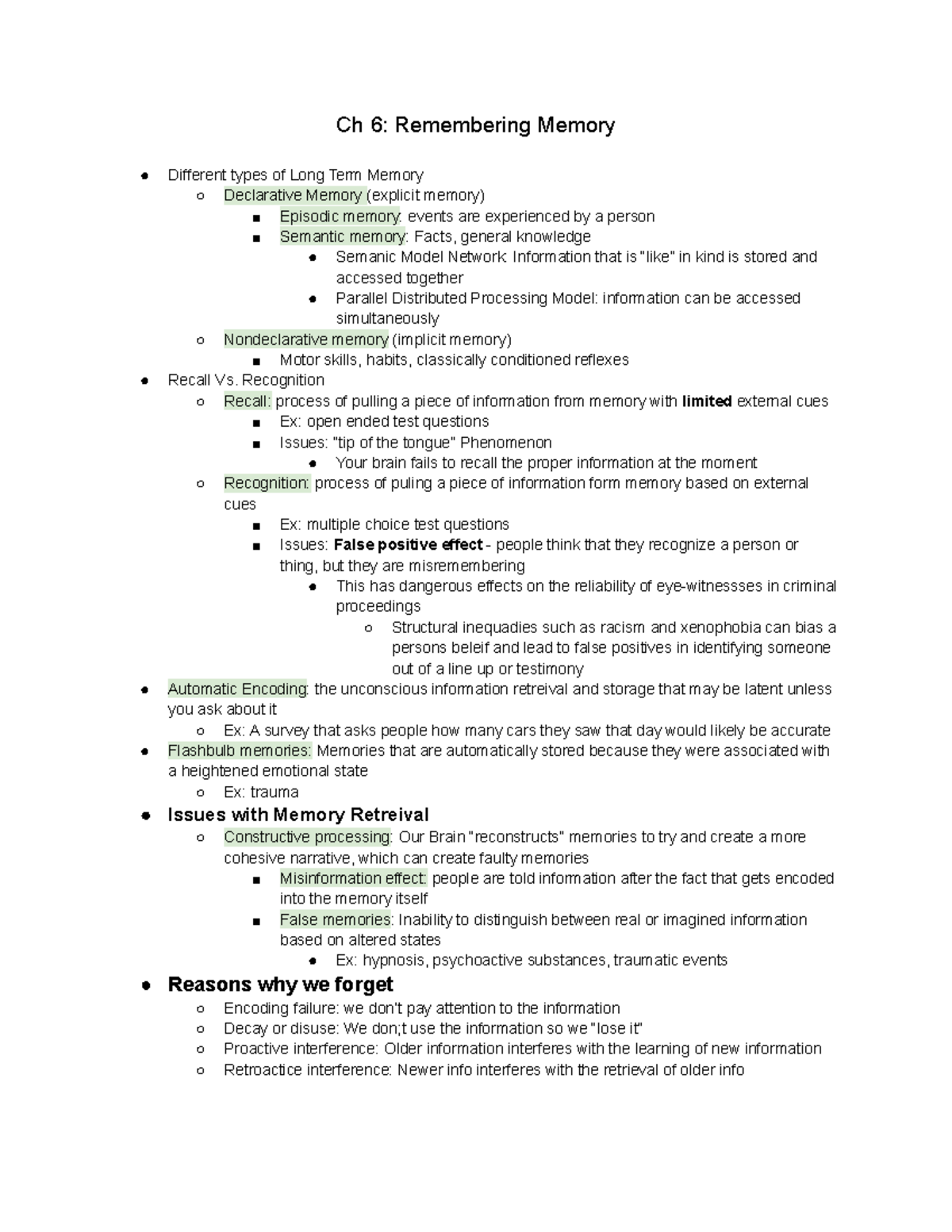 PSYC 101 Class Notes-30 - Ch 6: Remembering Memory Different types of ...