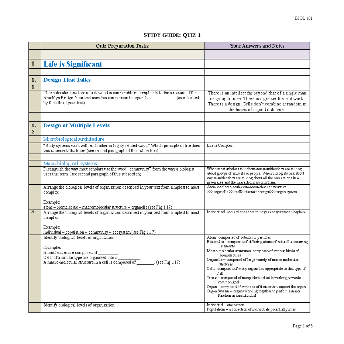 Biology - Study Guide Quiz 1 - STUDY GUIDE: QUIZ 1 Quiz Preparation ...