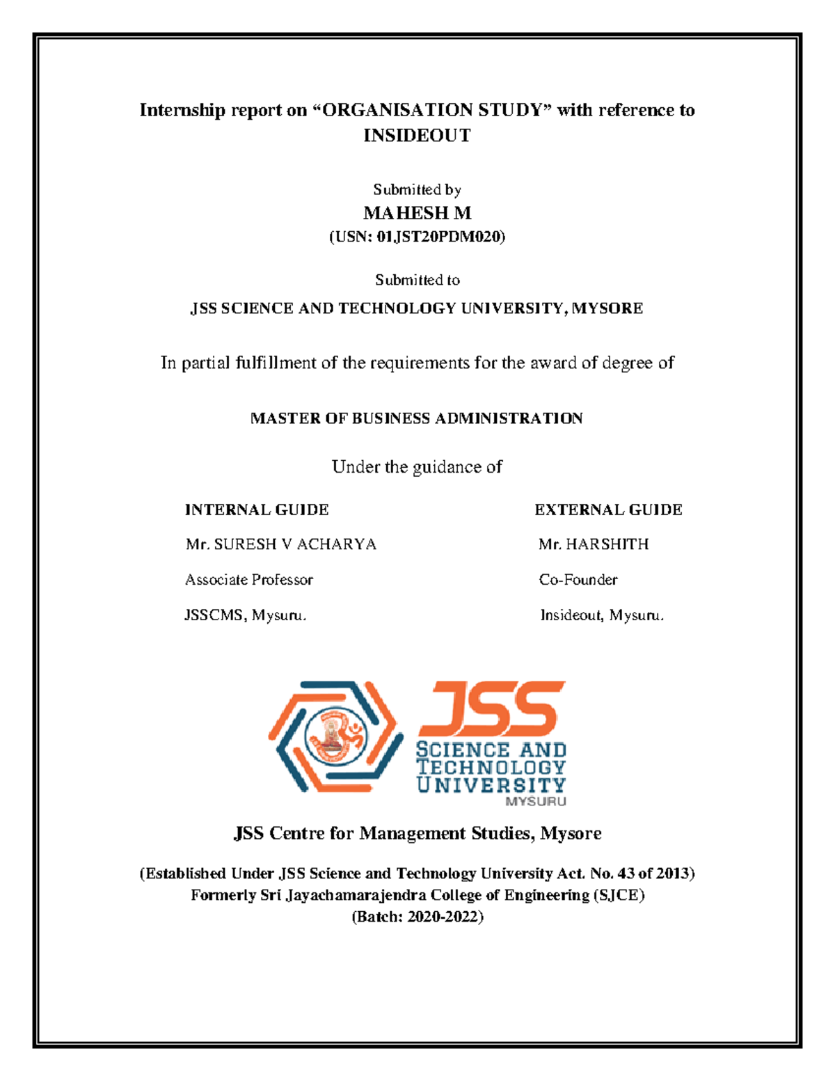 Internship Draft Report - Internship report on “ORGANISATION STUDY ...