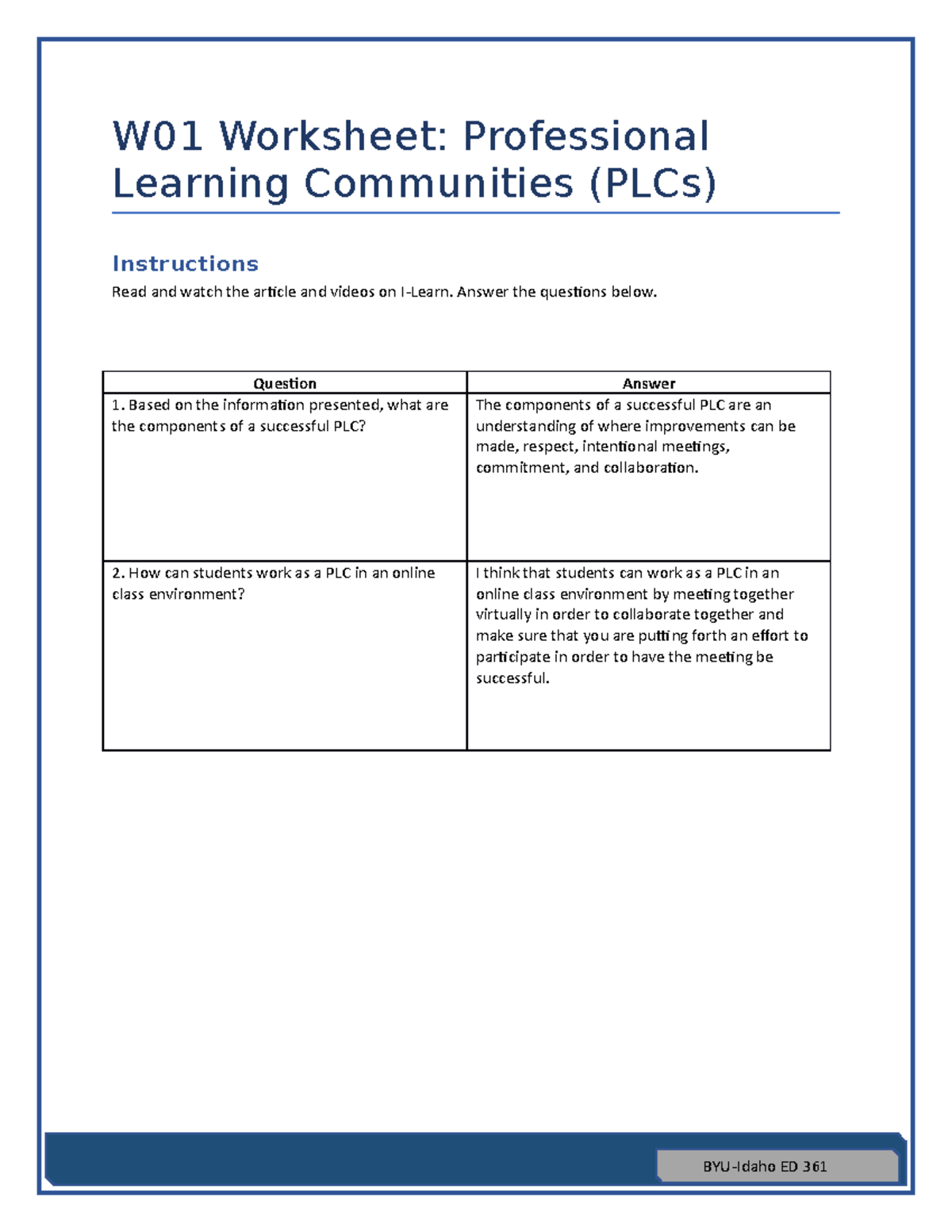 ED361 Lecture PLC - W01 Worksheet: Professional Learning Communities (PLCs) Instructions Read ...