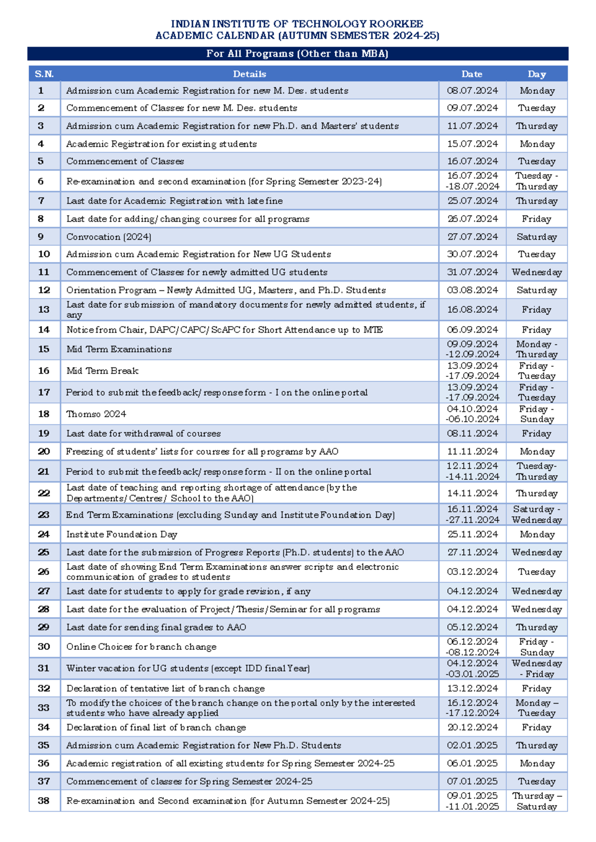 Academic Calendar - Autumn Semester 2024-25 - INDIAN INSTITUTE OF ...