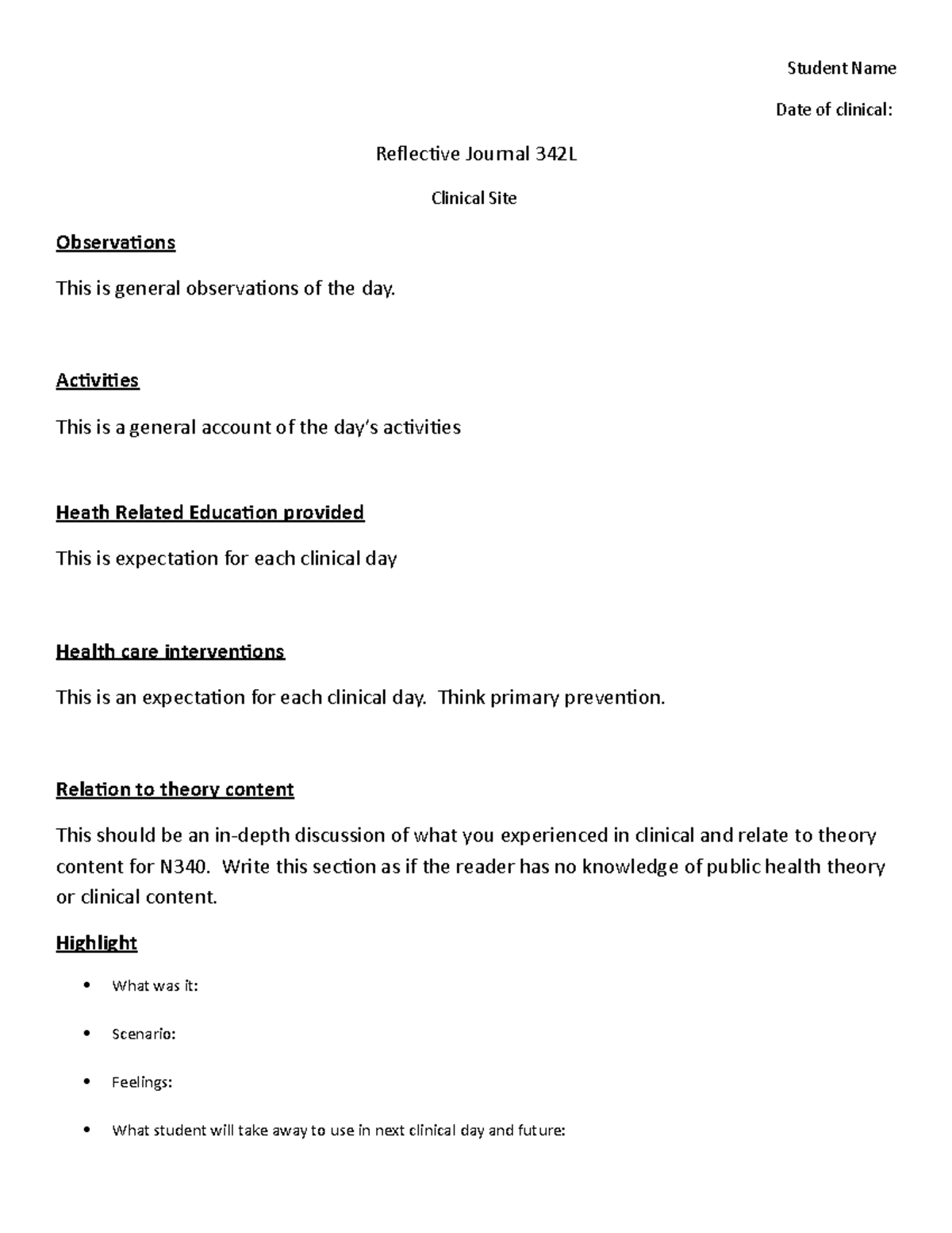 Reflective journal template - Student Name Date of clinical: Reflective ...