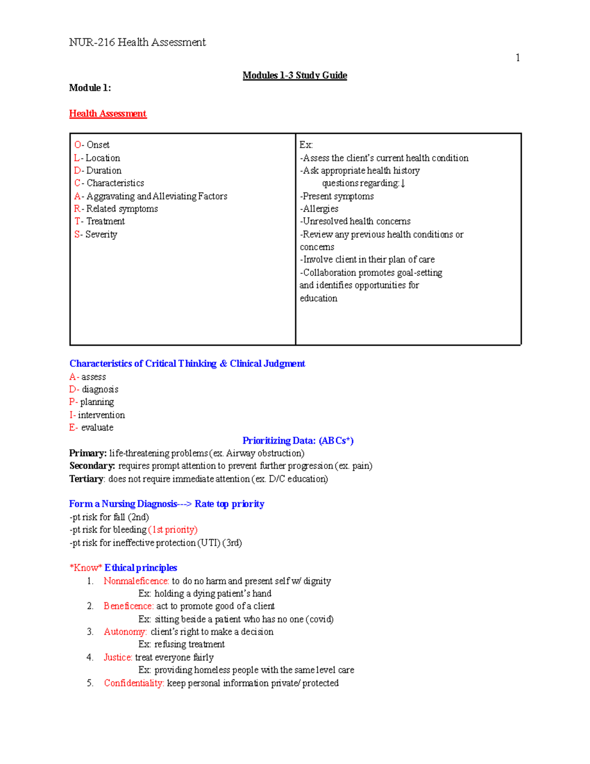 216 Exam 1 Study Guide - 1 Modules 1-3 Study Guide Module 1: Health ...