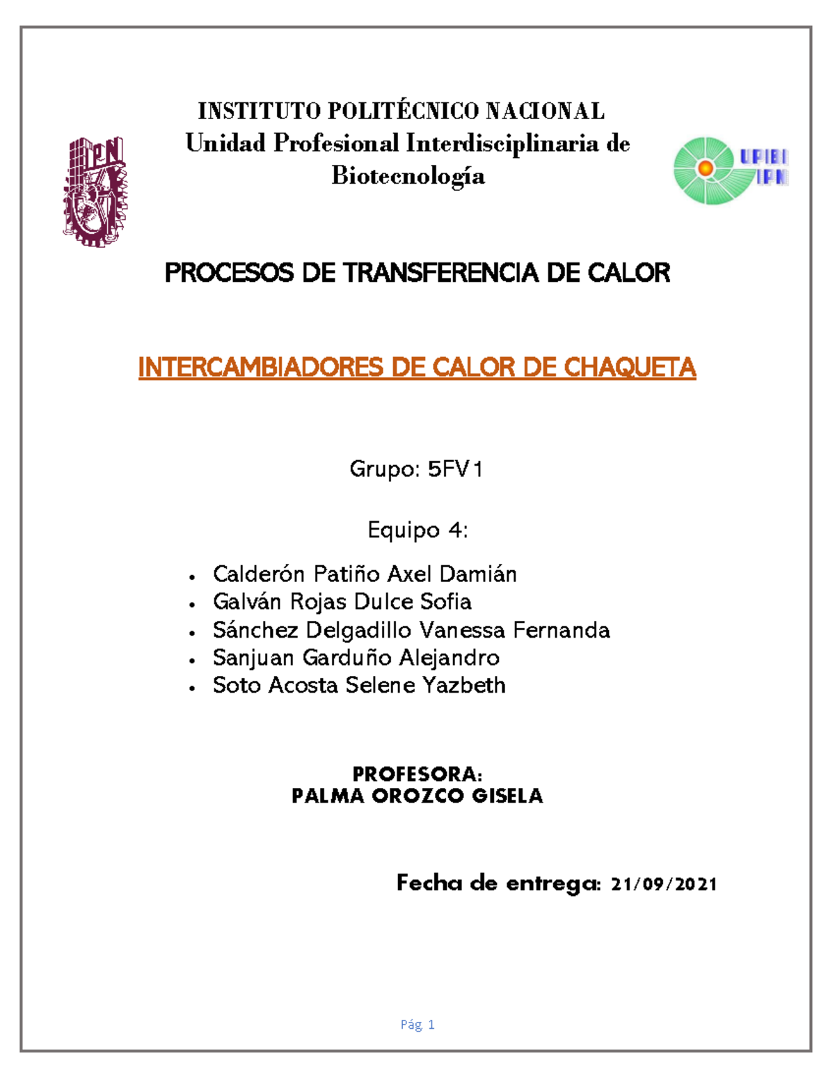 Intercambiador DE Calor Chaqueta - INSTITUTO POLIT.. NACIONAL Unidad Profesional ...
