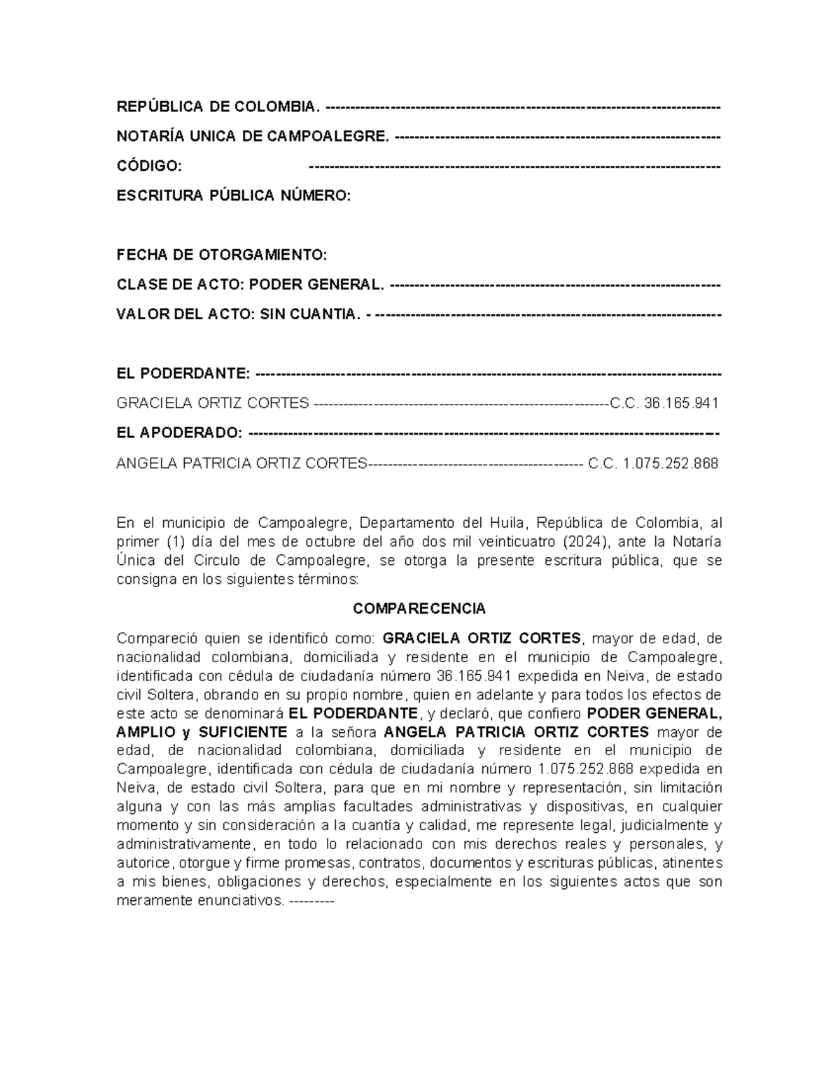 Escritura de poder general - REPÚBLICA DE COLOMBIA. - NOTARÍA UNICA DE ...
