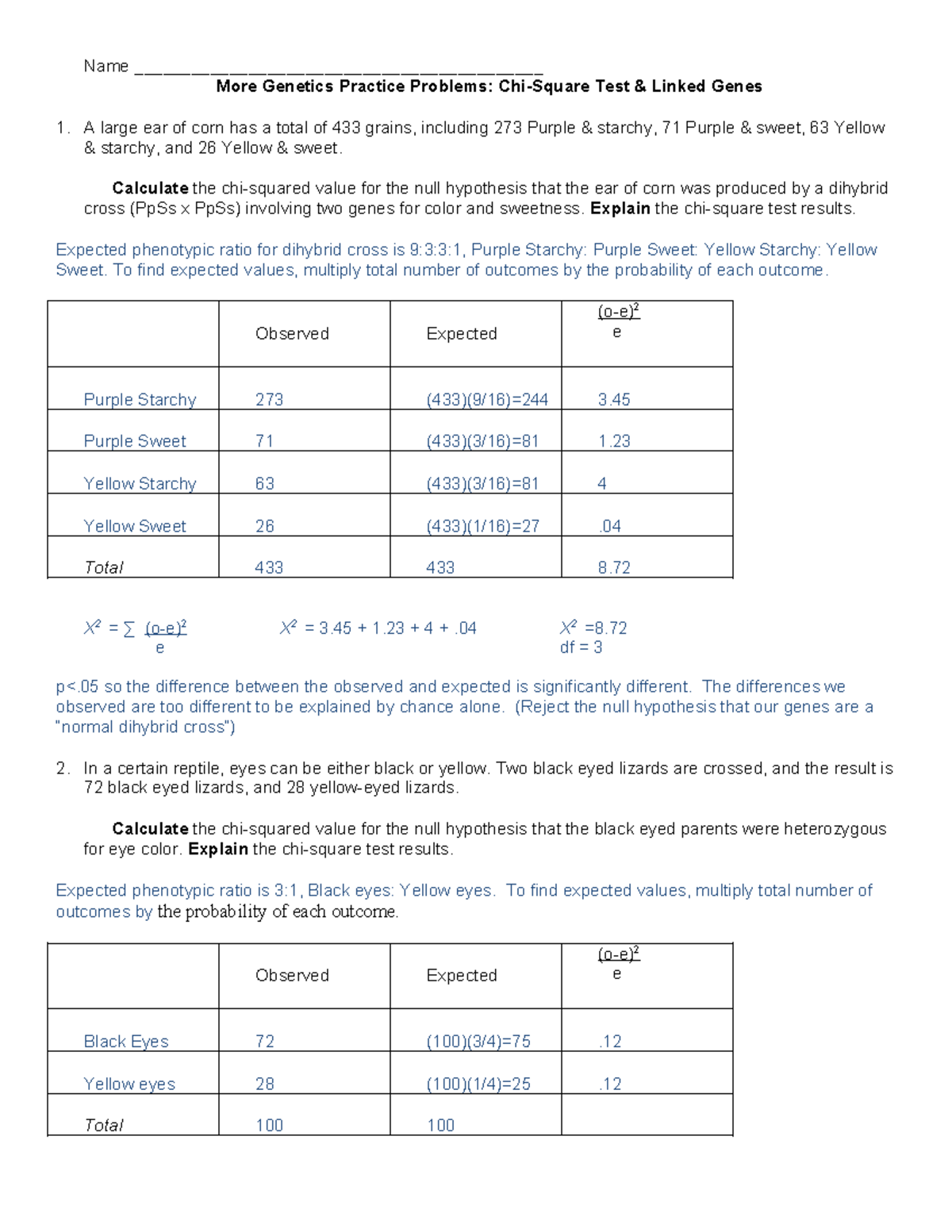 Gene linkage and chi square practice problems key - Name