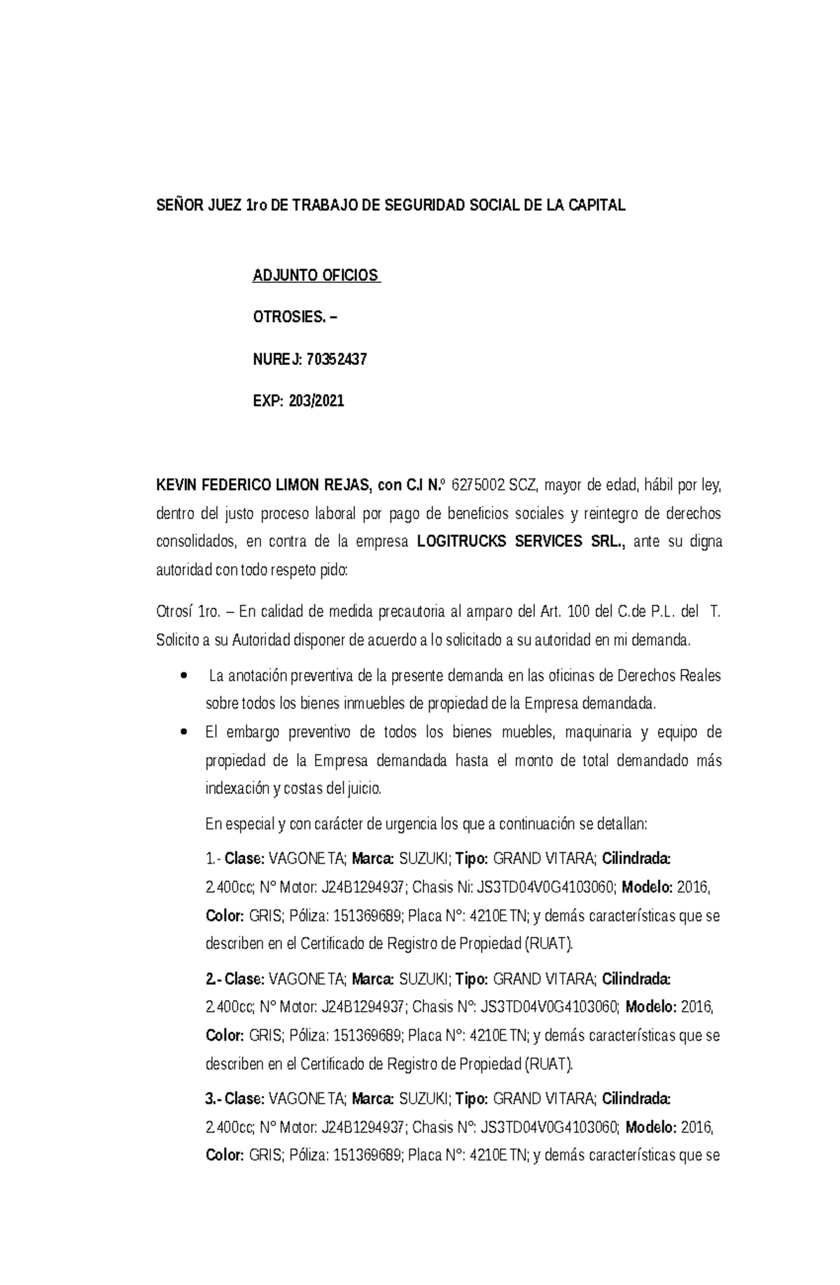 Adjunto Oficios Kevin Limon Rejas - SEÑOR JUEZ 1ro DE TRABAJO DE ...