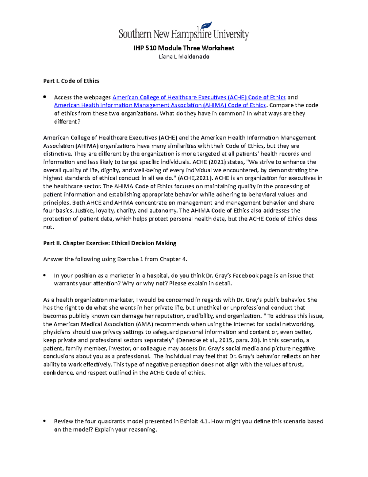 IHP 510 Module Three Worksheet regarding ethics - IHP 510 Module Three ...