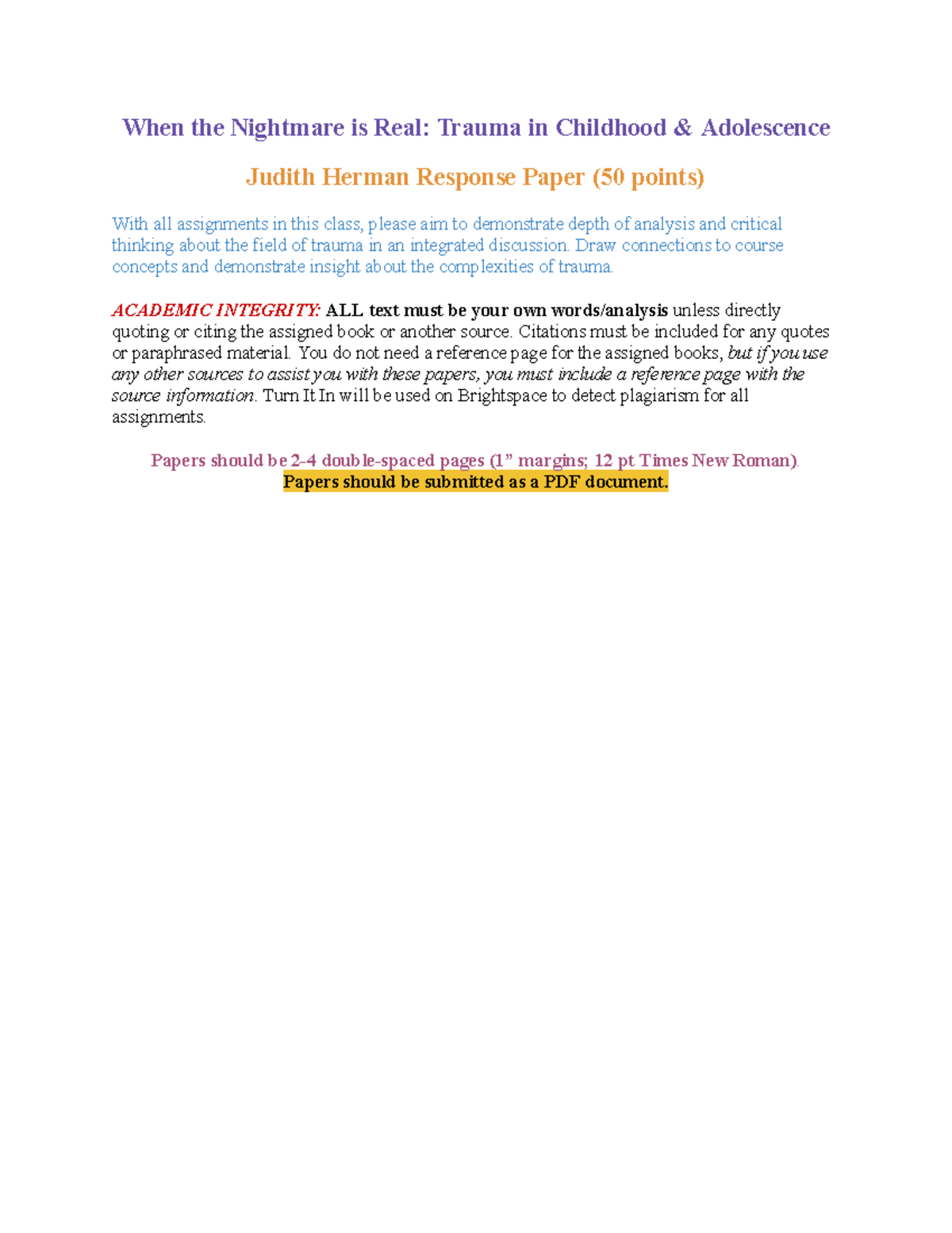 Trauma - Response Paper #1 (Judith Herman Book) - Assignment - When the ...