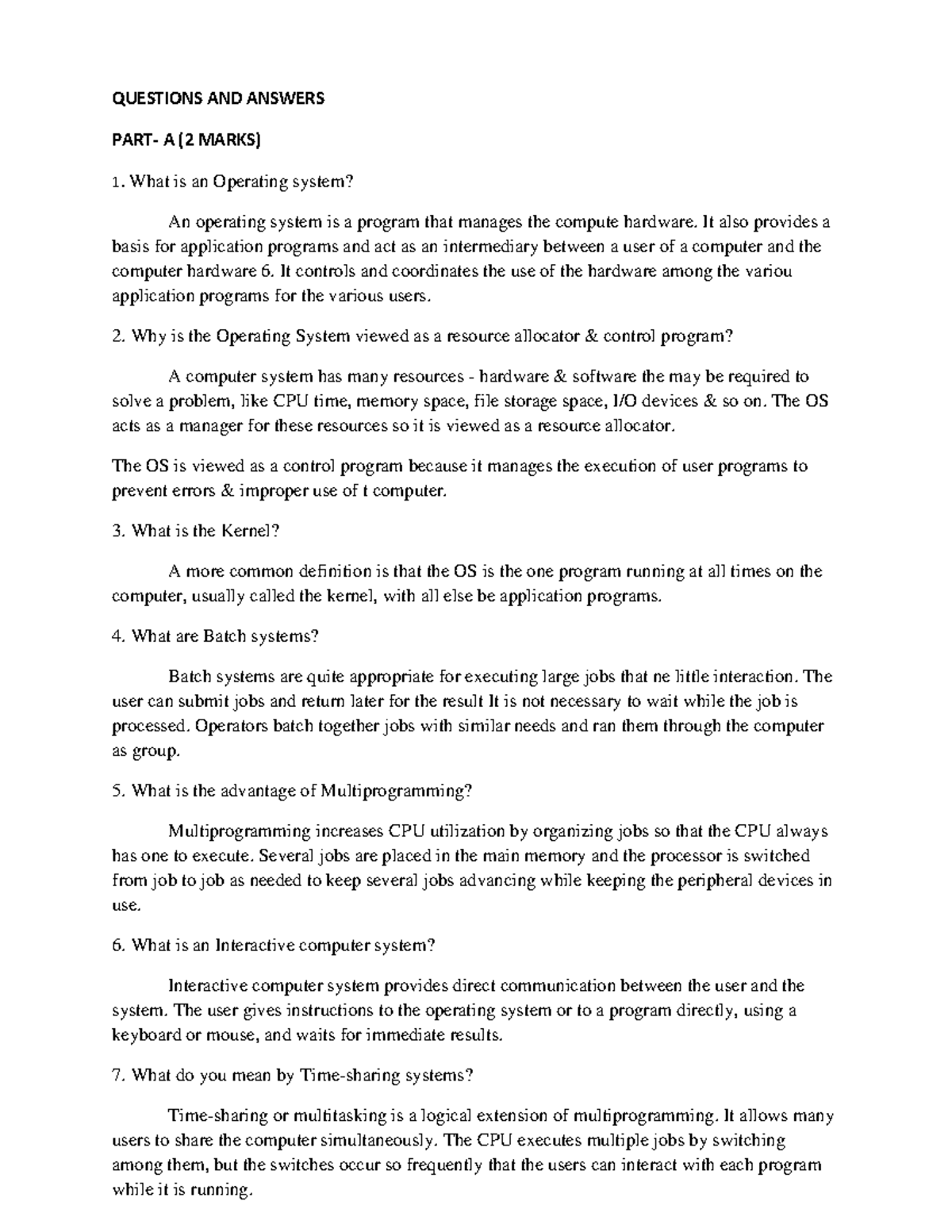 Unit1 os questions - QUESTIONS AND ANSWERS PART- A (2 MARKS) What is an ...
