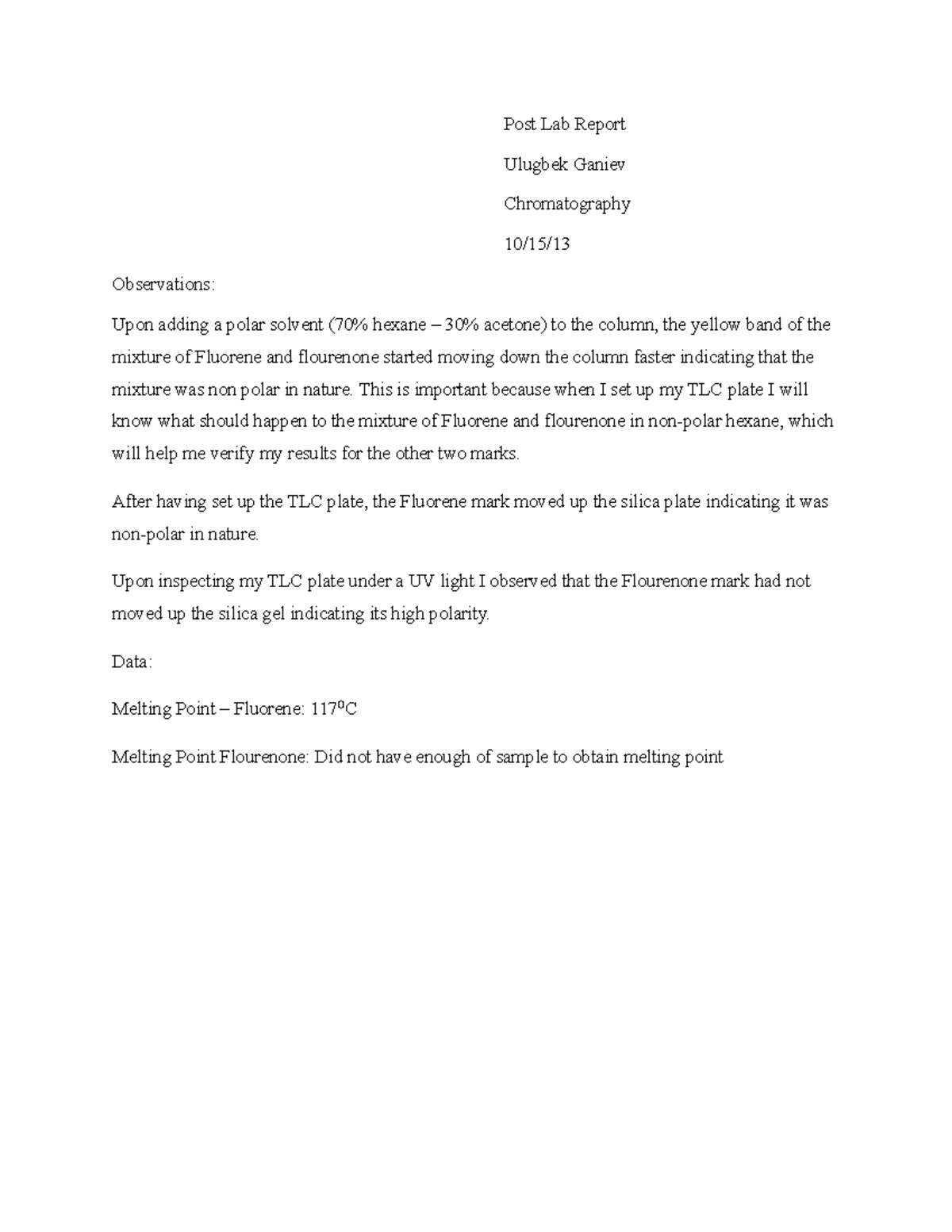 Orgo post lab 4 - Laboratory assignment - Post Lab Report Ulugbek ...