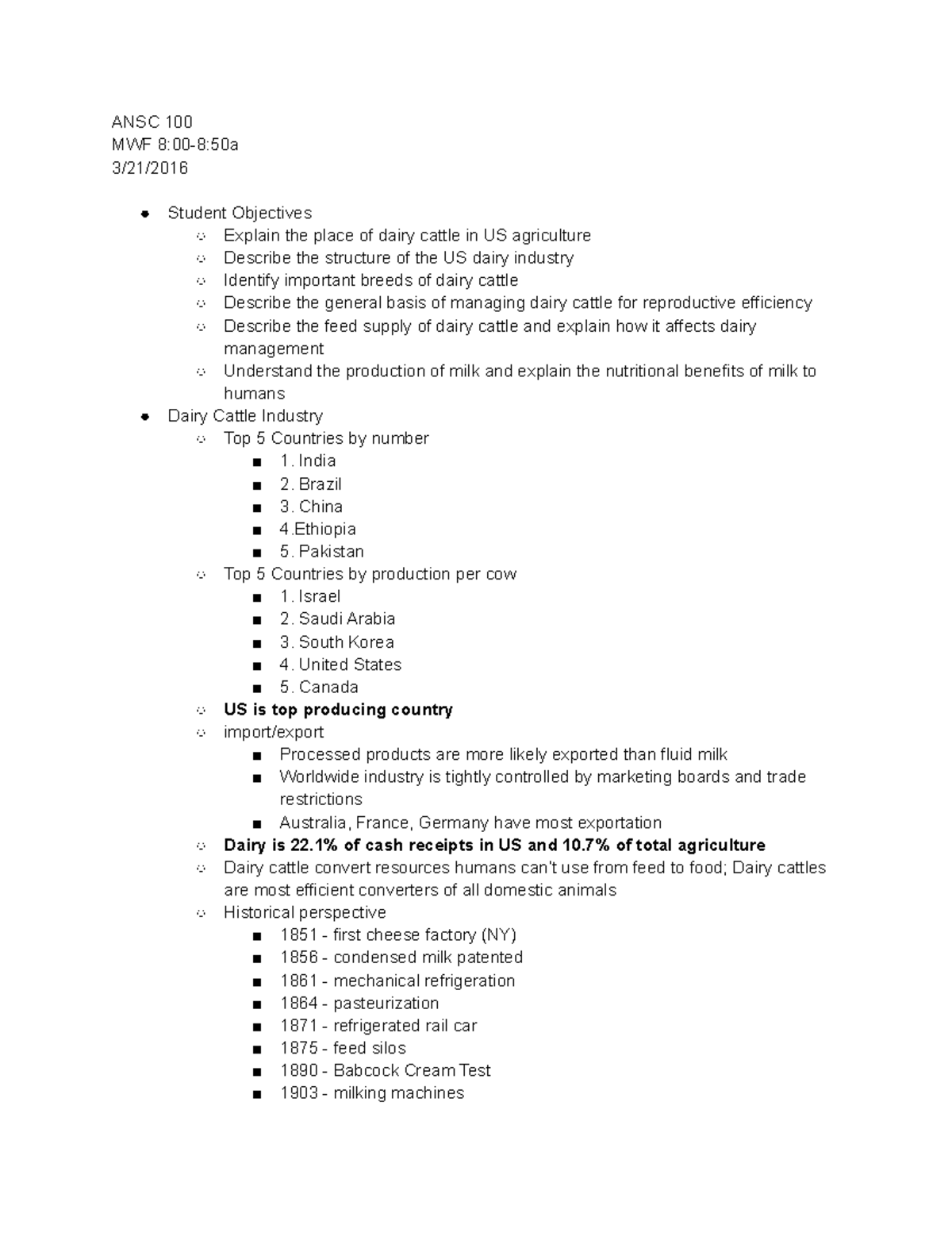 ANSC100_Lecture20 - ANSC 100 MWF 8:00-8:50a 3/21/2016 Student ...