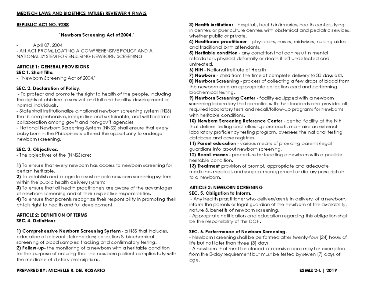 MTLBE Reviewer 4 REPUBLIC ACT NO 9288 And REPUBLIC ACT NO 7170