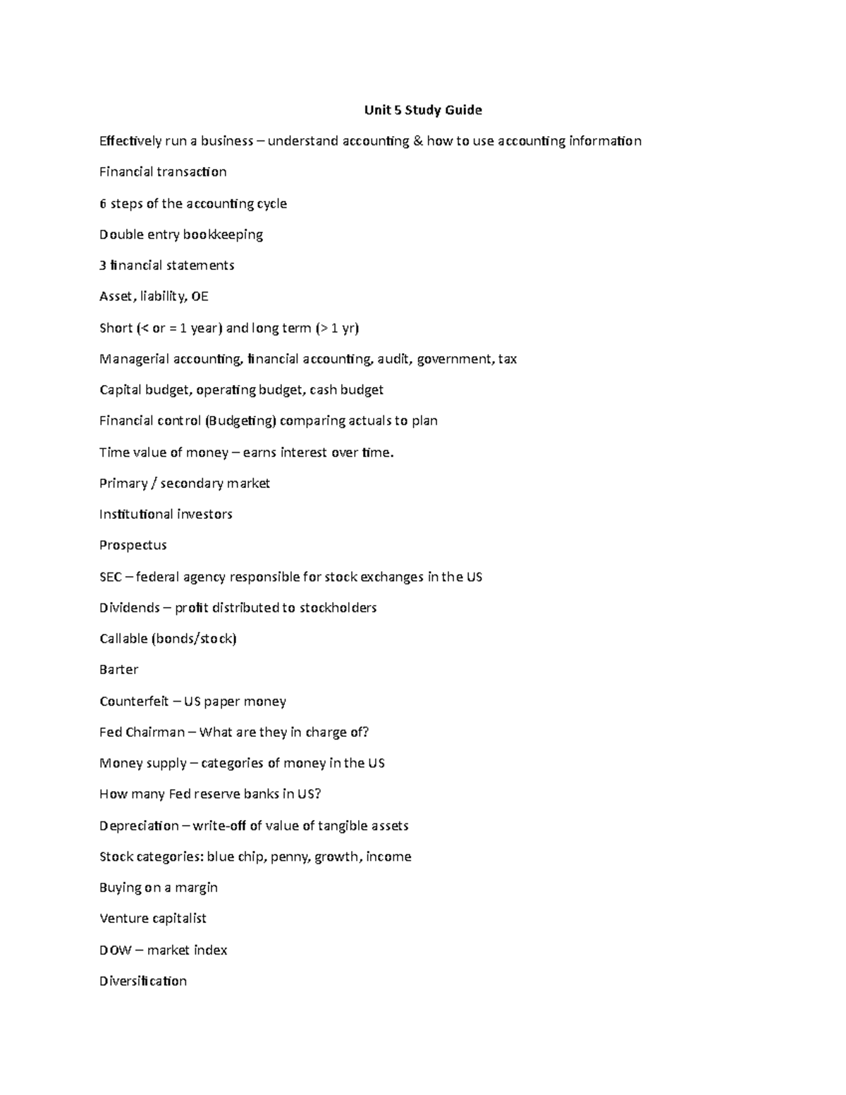 Unit 5 Study Guide - Unit 5 Study Guide Effectively run a business ...