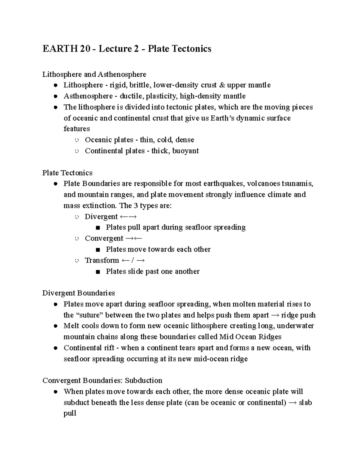Earth 20 Lecture 2 Notes - EARTH 20 - Lecture 2 - Plate Tectonics ...