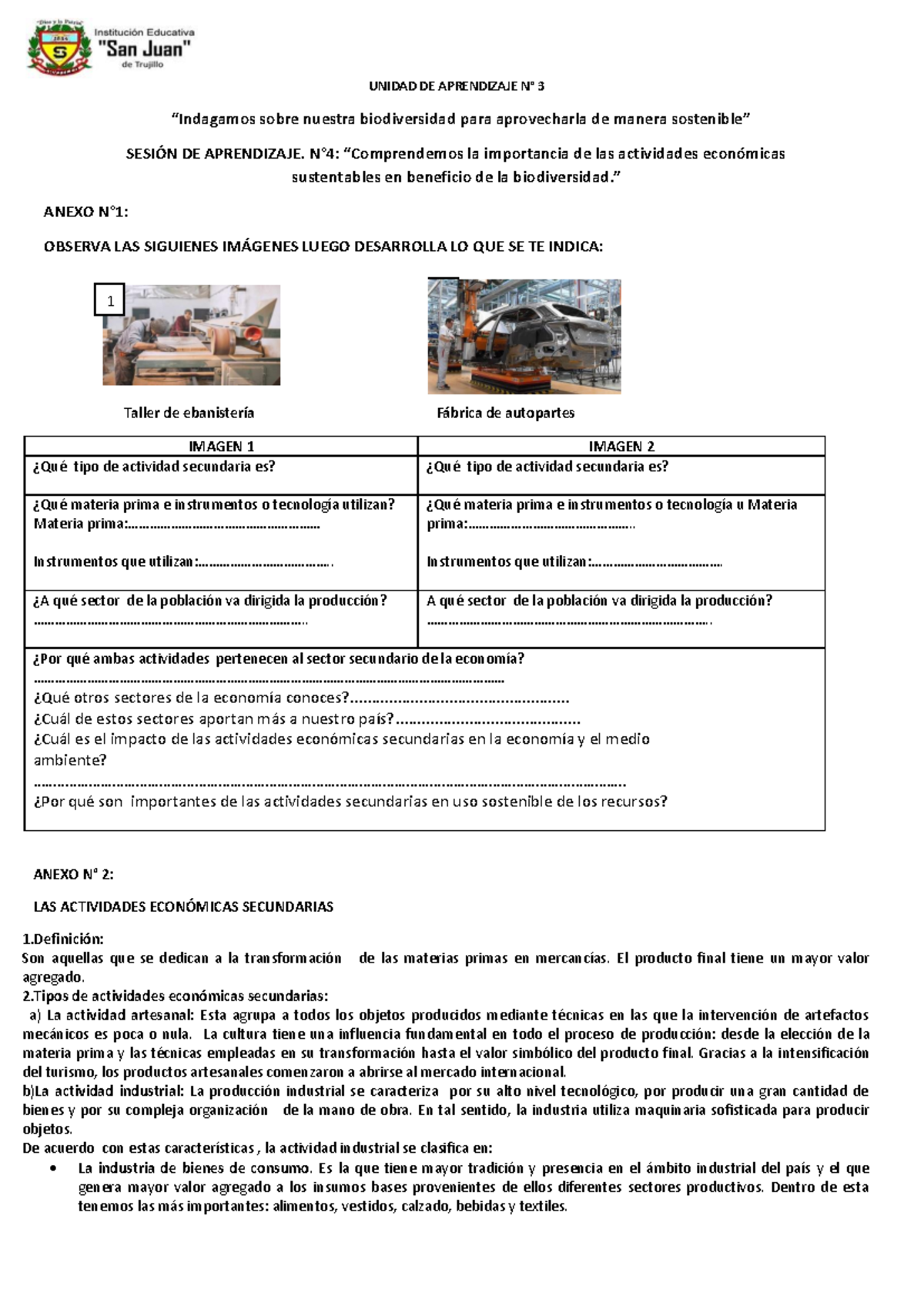 Ficha DE Trabajo ACT. ECON. Secundarias - UNIDAD DE APRENDIZAJE N° 3 “Indagamos sobre nuestra ...