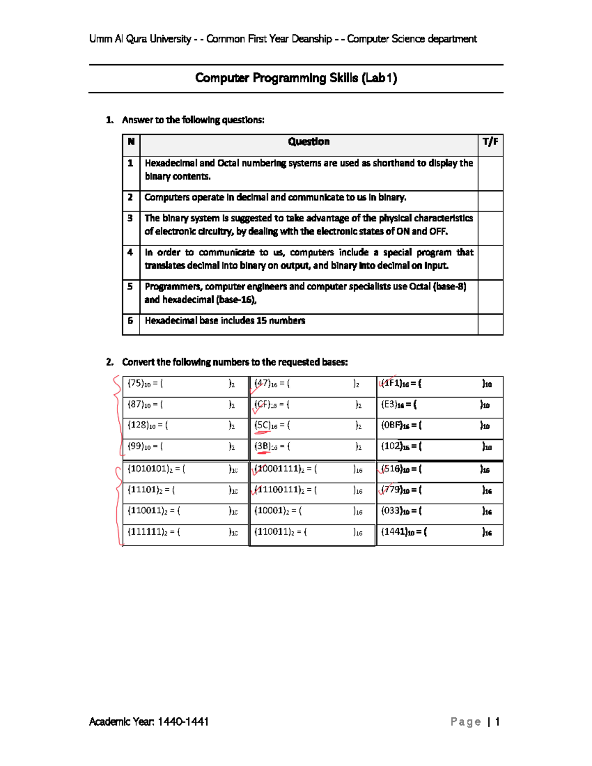 Lab 1 - l,;l;' - Umm Al Qura University Common First Year Deanship Computer Science department ...