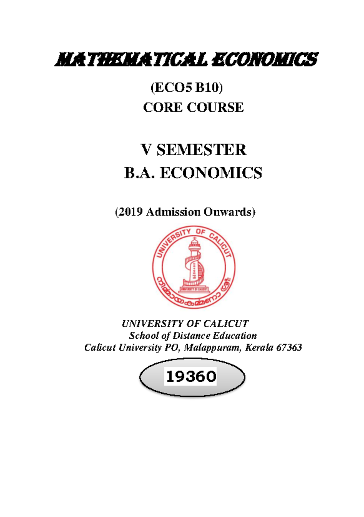 SLM-19360-Eco-Mathematical Economics - MATHEMATICAL ECONOMICS (ECO5 B10 ...