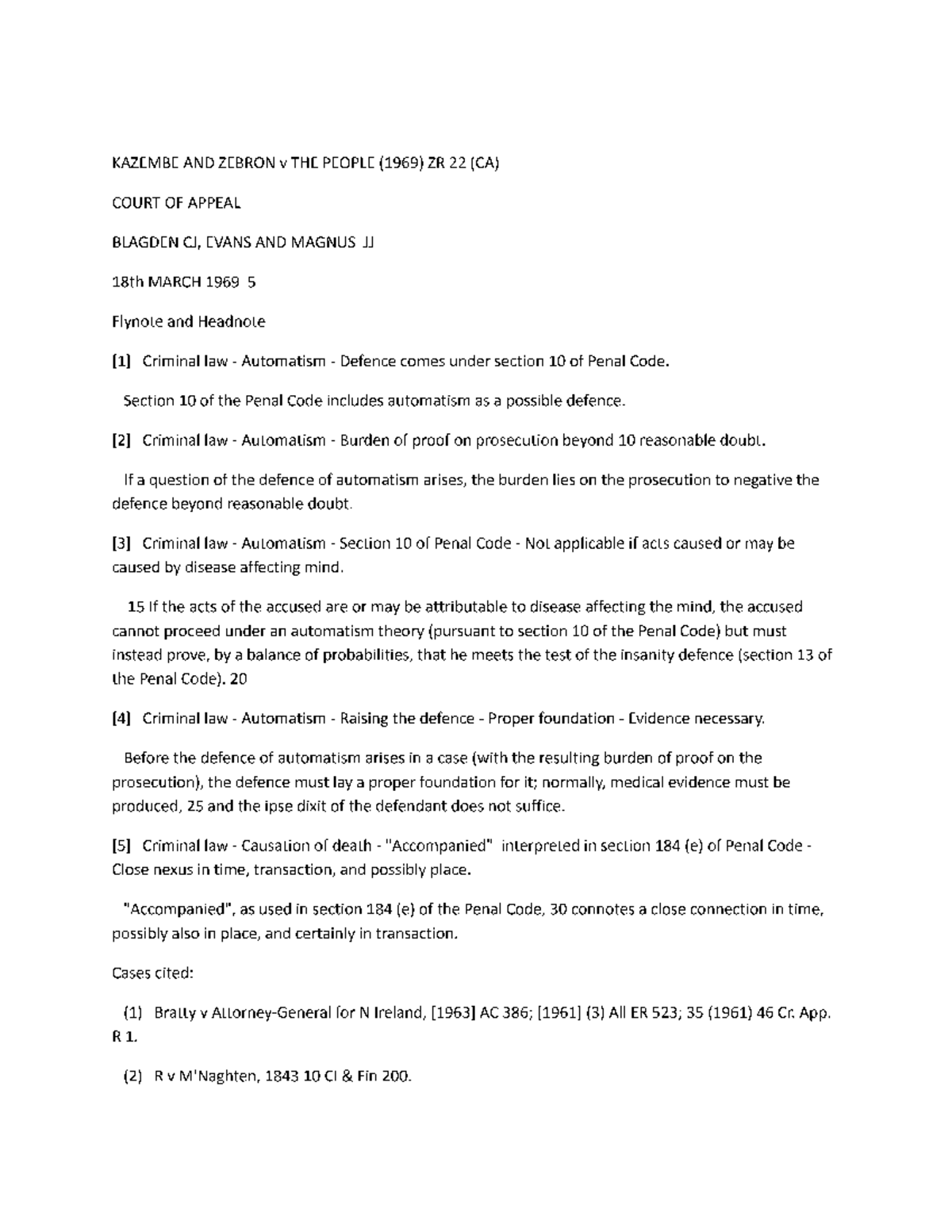 Kazembe and Zebron v The People - KAZEMBE AND ZEBRON v THE PEOPLE (1969 ...