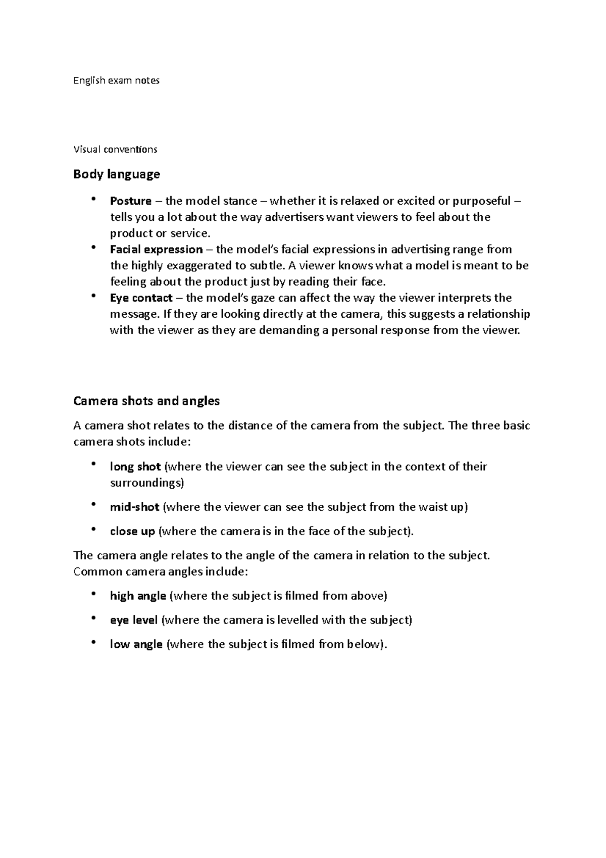 English revision - English exam notes Visual conventions Body language ...