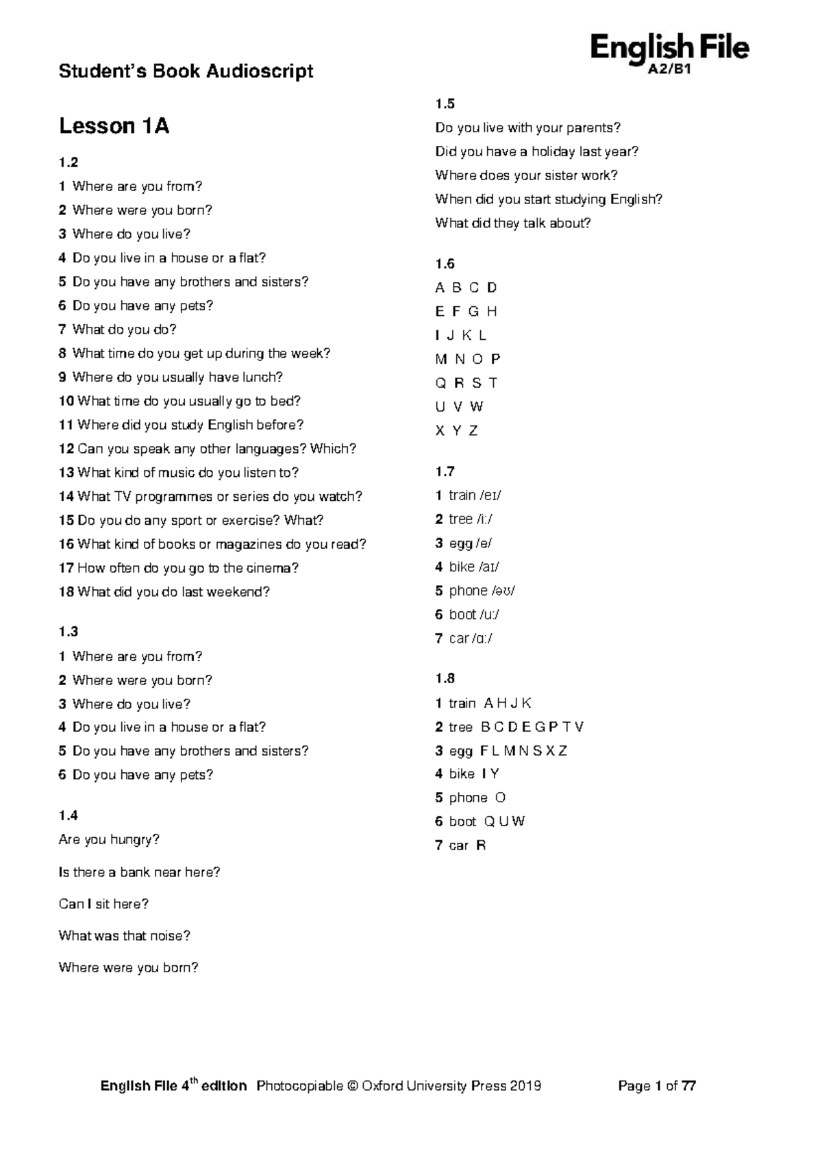 EF4e A2B1 SB Script - Audio - Lesson 1A 1. 1 Where are you from? 2 Where were you born? 3 Where ...