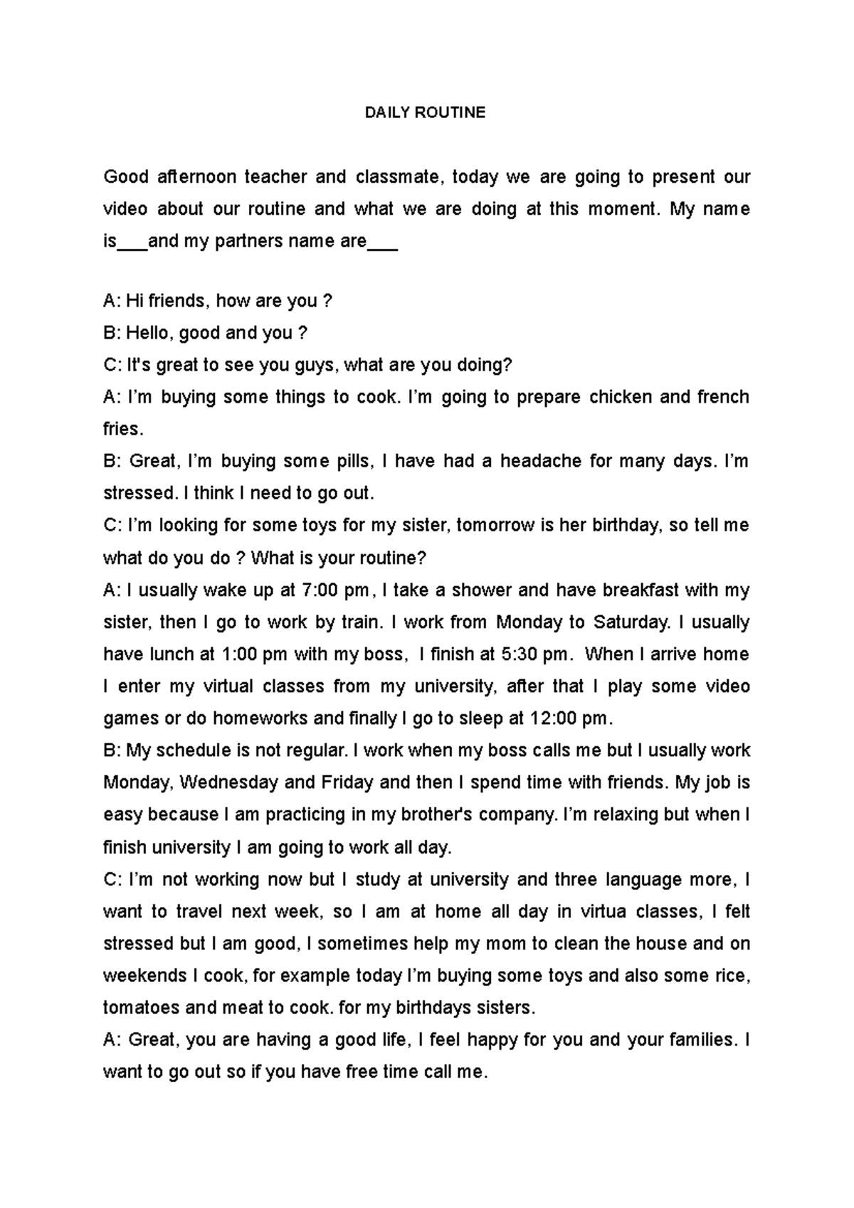 Video Semana 3 ingles 17 - DAILY ROUTINE Good afternoon teacher and ...