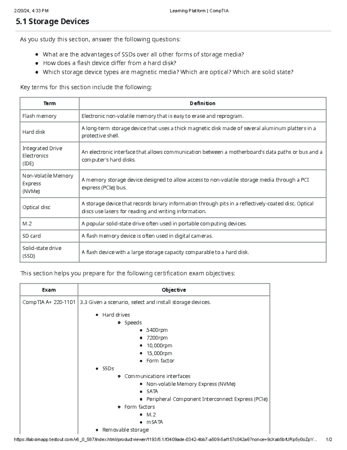 5.1 Storage Devices - 2/20/24, 4:33 PM Learning Platform | CompTIA ...