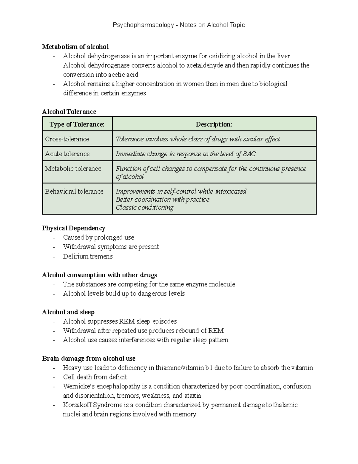 Psychopharmacology - Notes on Alcohol Topic - Psychopharmacology ...