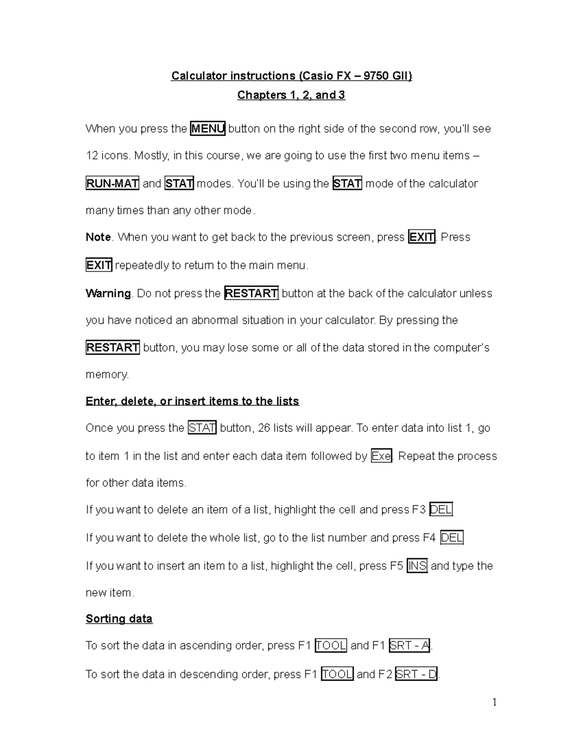 Calculator instructions Chap 1, 2, & 3 - Calculator instructions (Casio ...