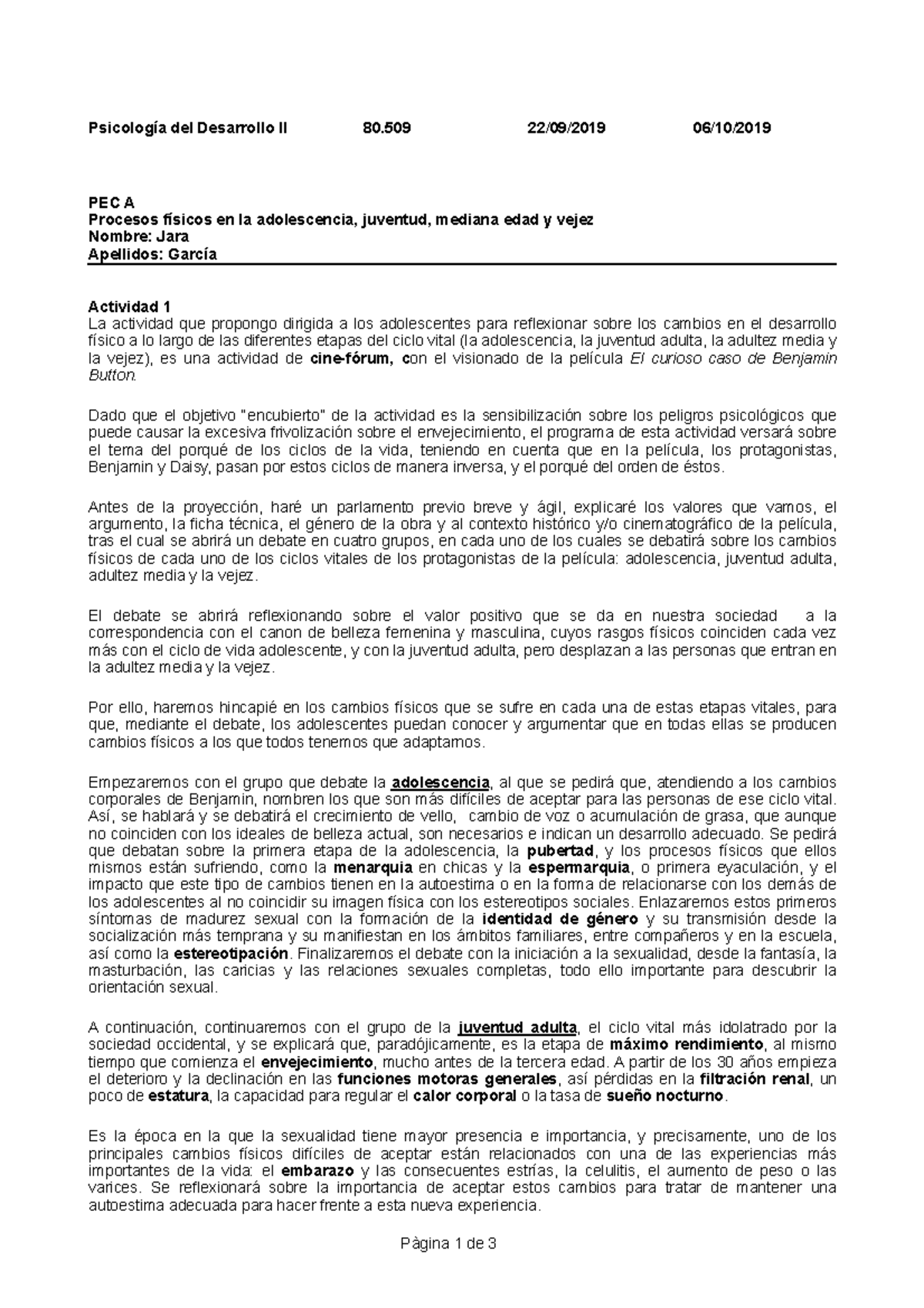 Entrega PEC A plantilla - Psicología del Desarrollo II 80 22/09/2019 06/10/ PEC A Procesos ...