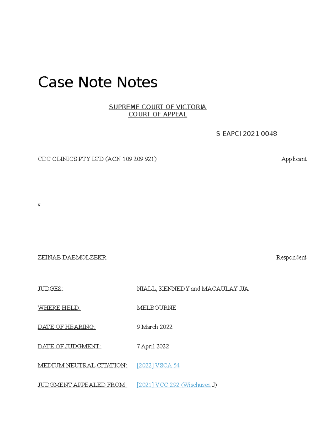 Case Note Notes - 1233 - Case Note Notes SUPREME COURT OF VICTORIA ...