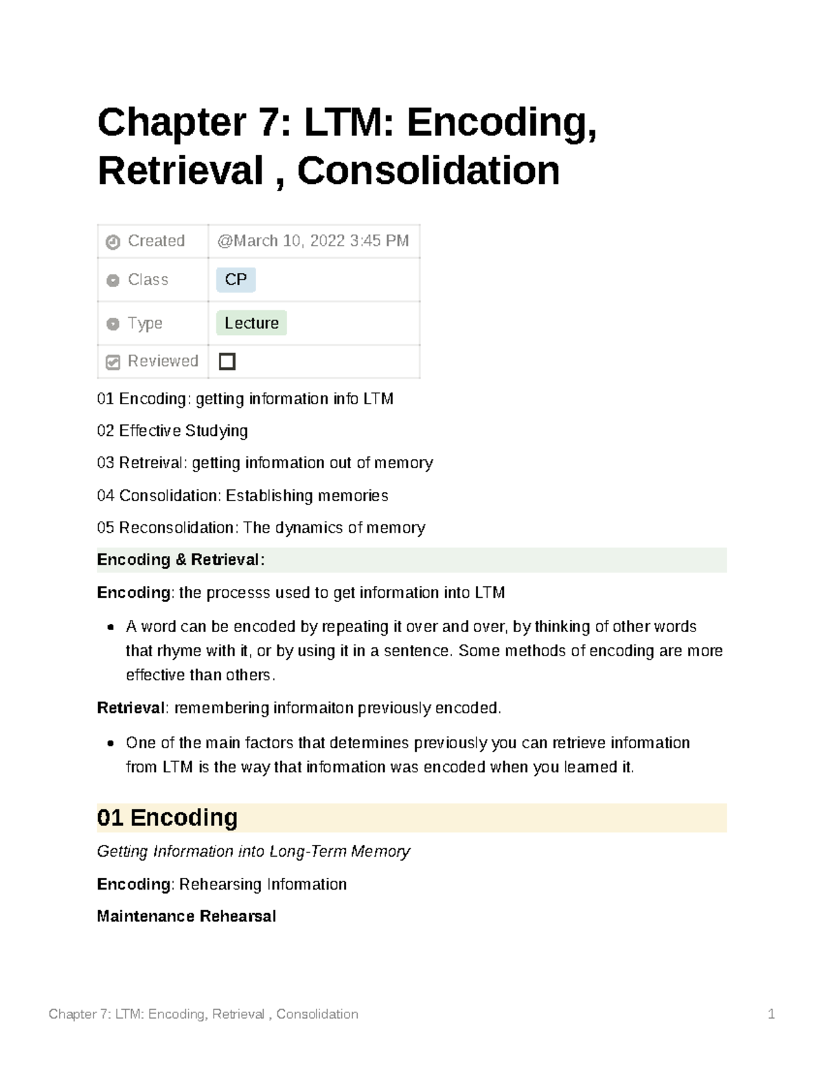 Chapter 7 Ltm Encoding Retrieval Consolidation Chapter 7 Ltm Encoding Retrieval 