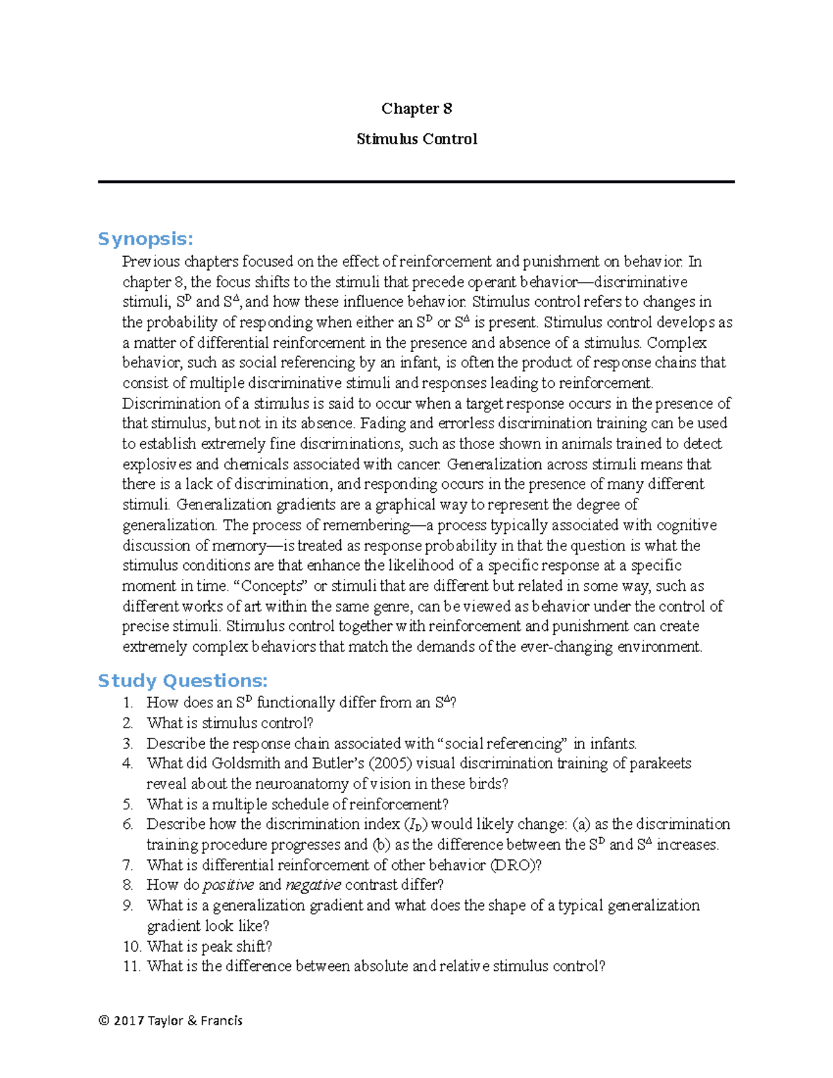 Chapter 8 6e study guide - Chapter 8 Stimulus Control Synopsis ...