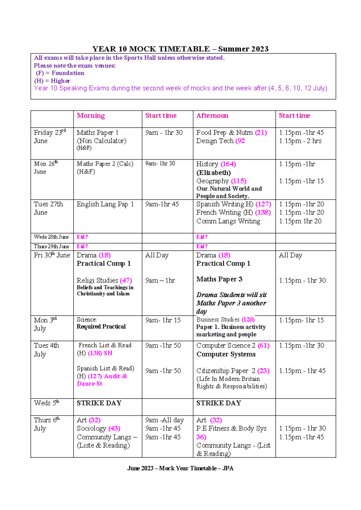Year 10 Mock TT1 Final 19 - YEAR 10 MOCK TIMETABLE – Summer 2023 All ...
