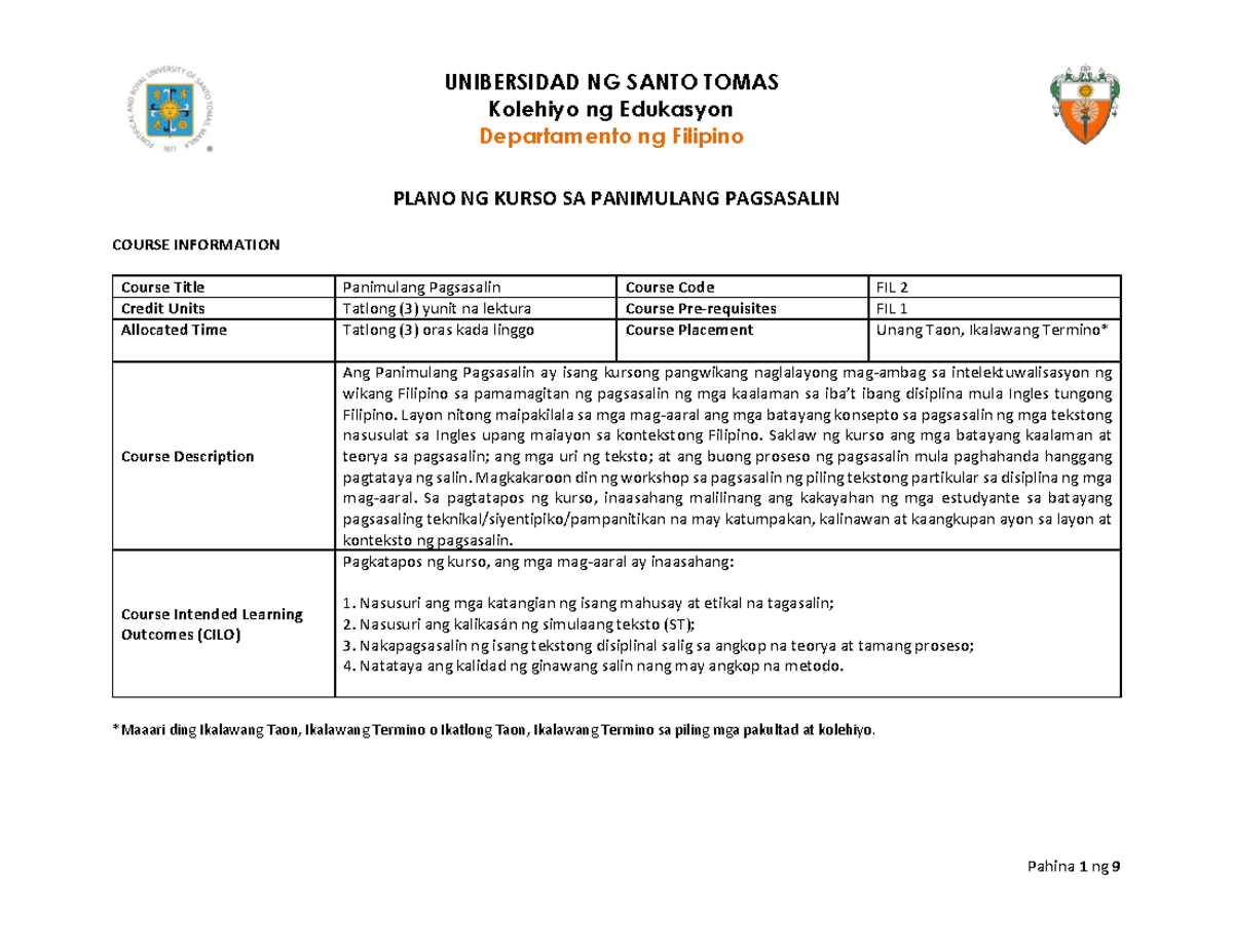 FIL 2 Balangkas ng Kurso - Kolehiyo ng Edukasyon Departamento ng ...