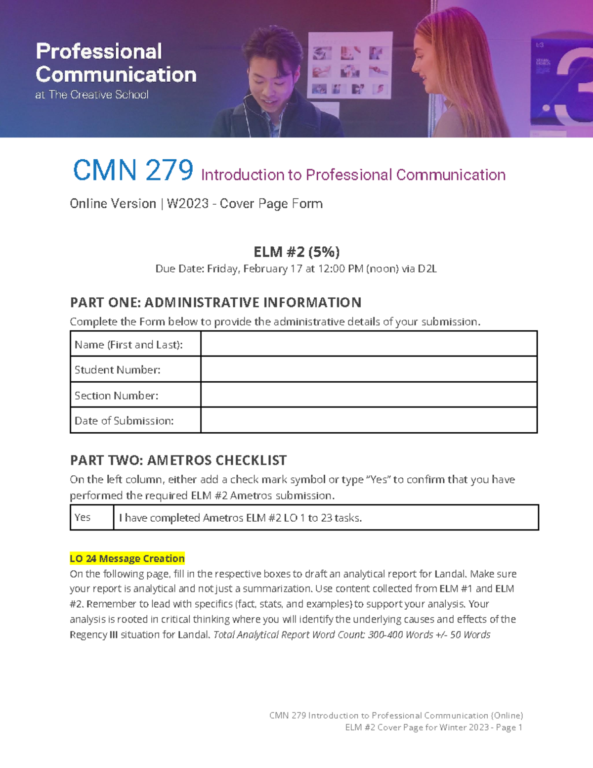 CMN279(Section 901I) ELM#2Form - CMN 279 Introduction to Professional Communication Online ...