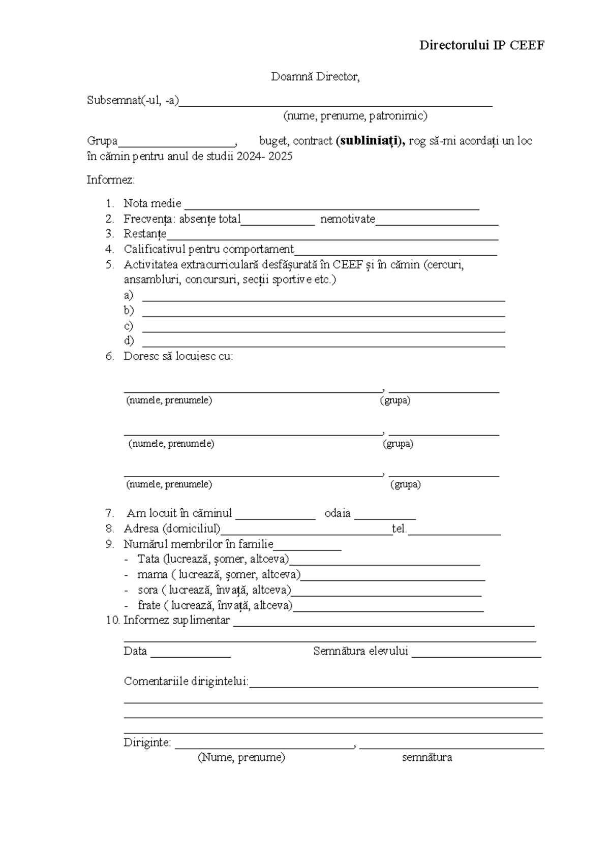 Cerere cazare 2024 2025 - Directorului IP CEEF Doamnă Director ...