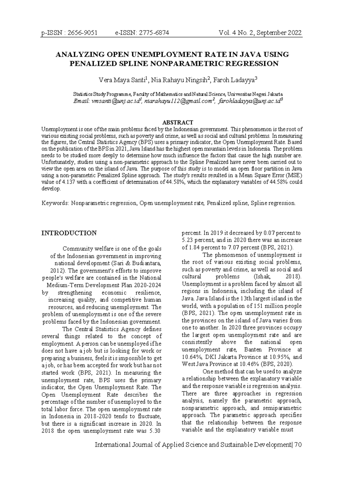 Analyzing OPEN Unemployment RATE IN JAVA Using Penalized Spline Nonparametric Regression ...