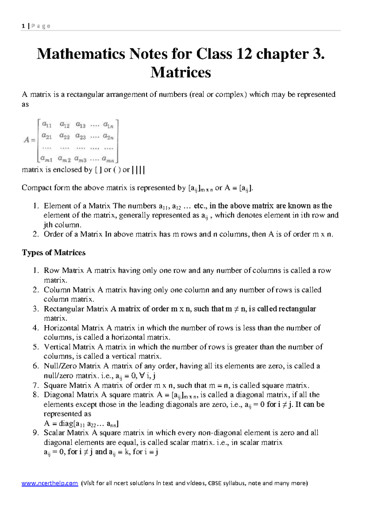 Maths Notes for Class 12 chapter 3. Matrices - Mathematics Notes for ...