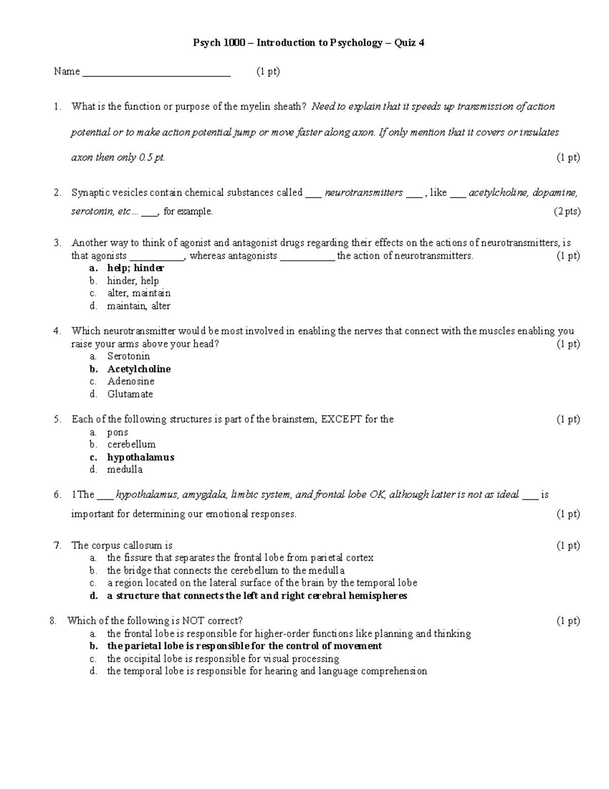 Quiz4 key - Psych 1000 – Introduction to Psychology – Quiz 4 Name