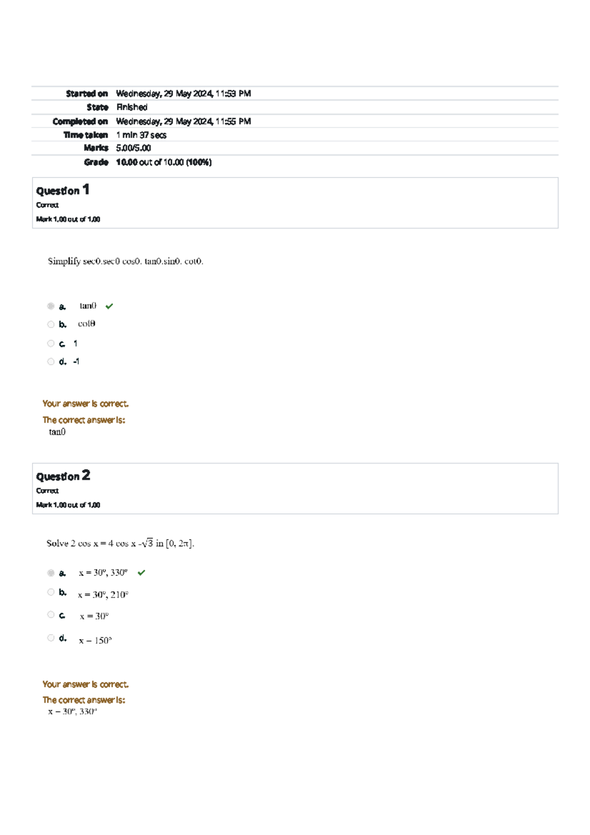 Self-Quiz Unit 7 Attempt review - Started on Wednesday, 29 May 2024, 11 ...