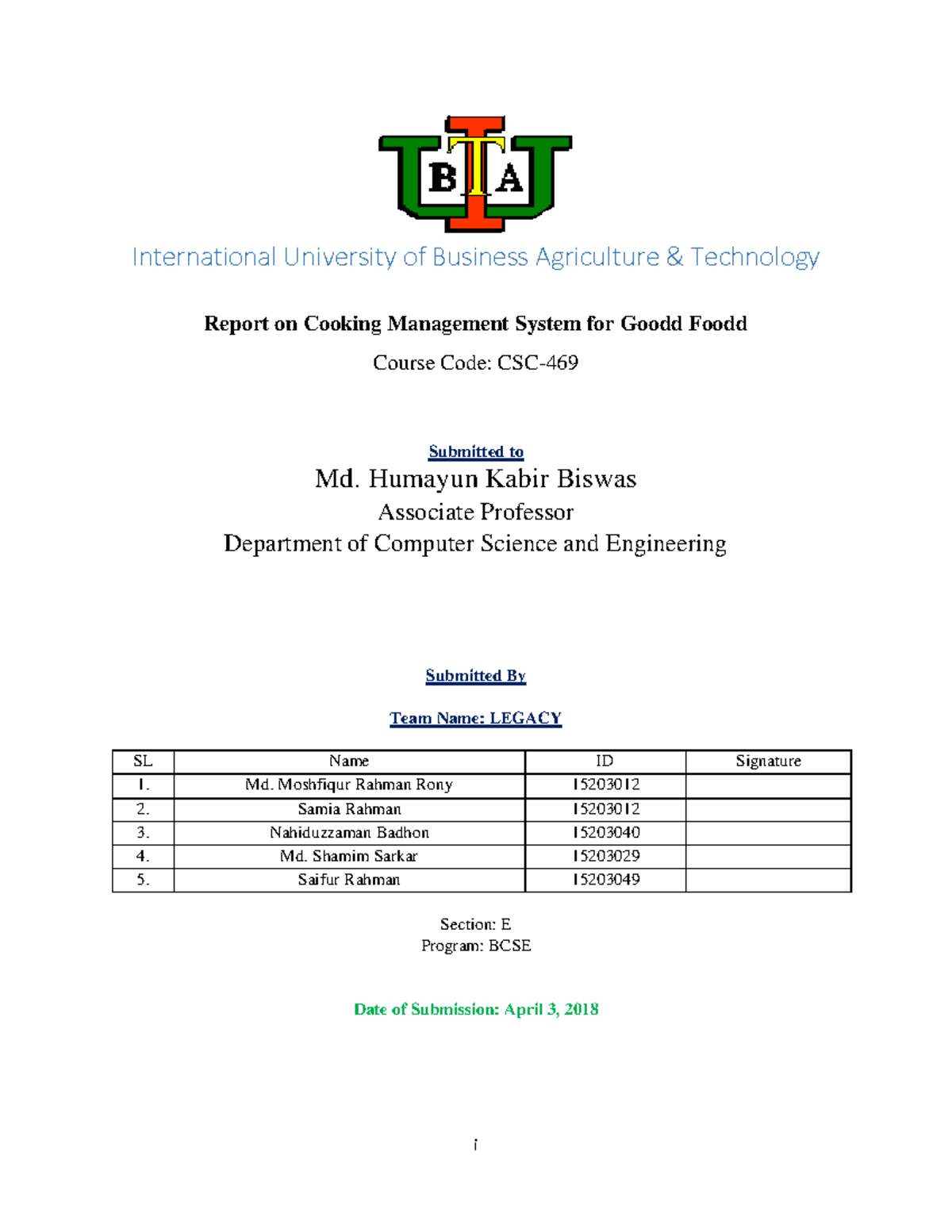 Report on Cooking Management System for - i International University of ...
