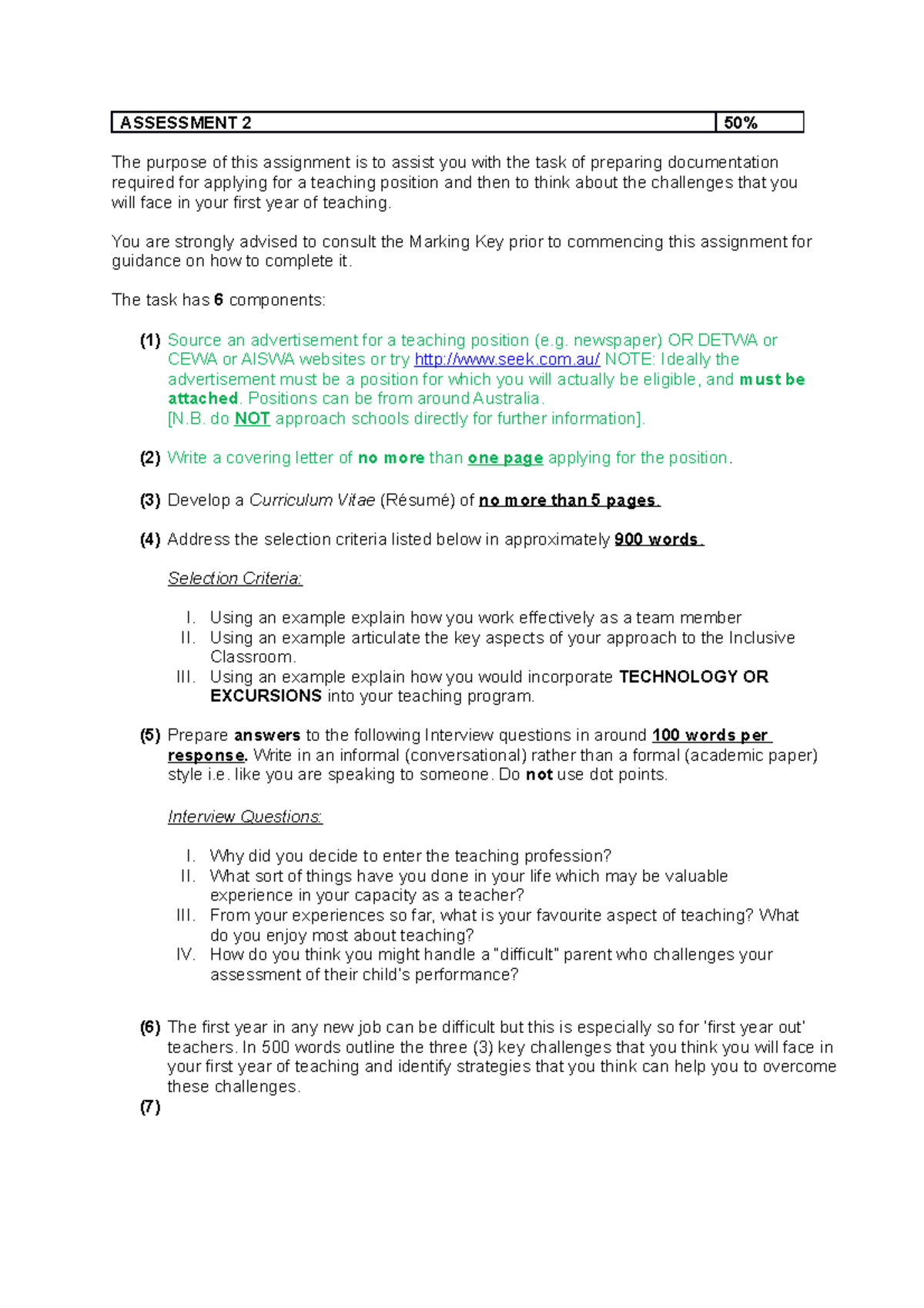 Assessment 2 & Marking Key - ASSESSMENT 2 50% The purpose of this ...