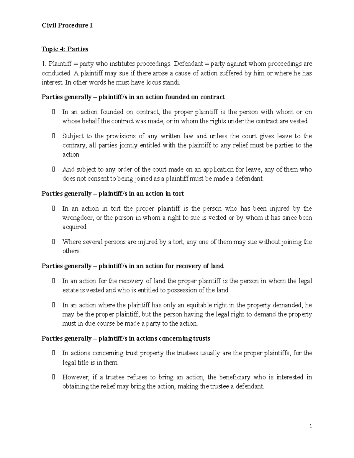 Parties - Topic 4: Parties Plaintiff = party who institutes proceedings ...
