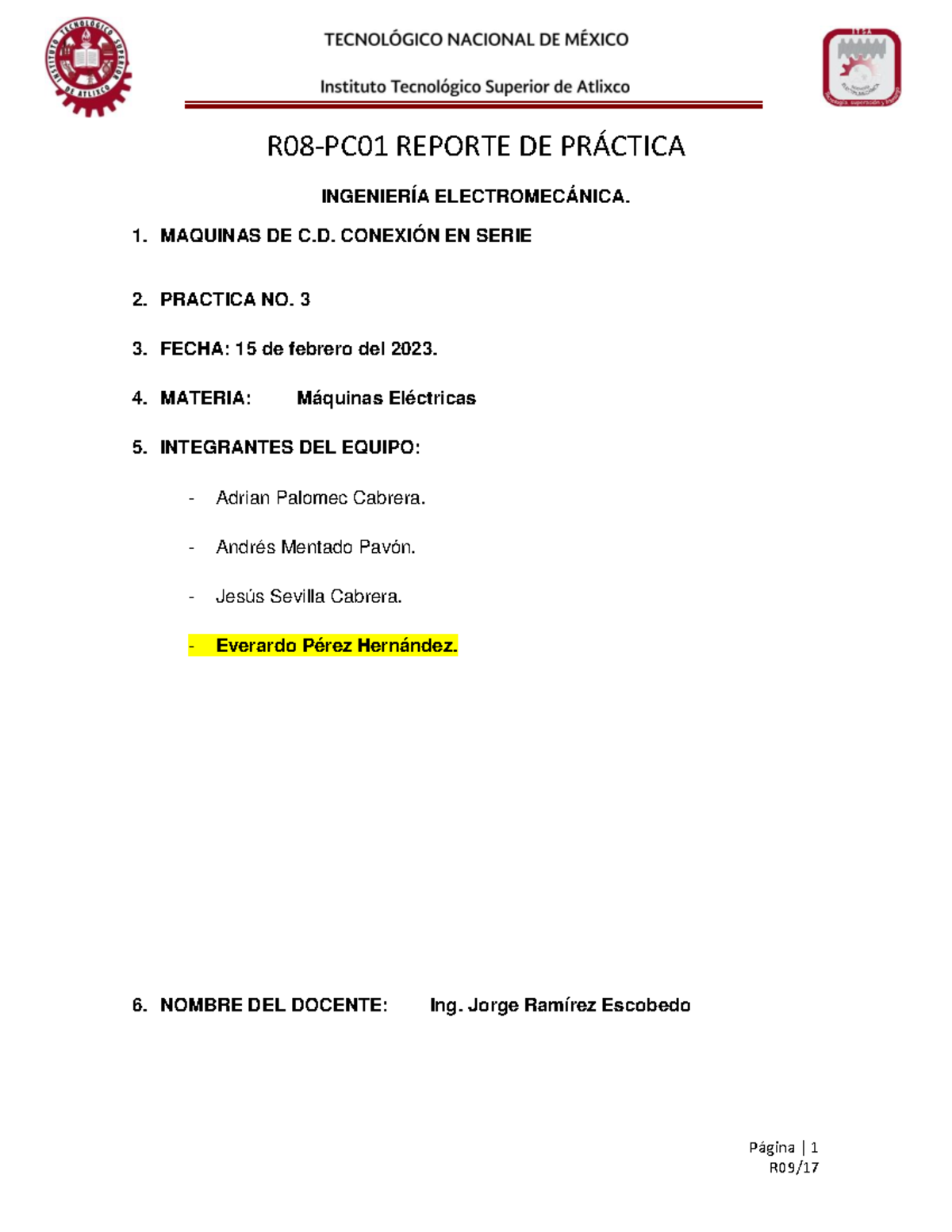 Practica 3 Maquinas CD Conexion EN Serie - P·gina | 1 R08-PC01 REPORTE DE PR¡CTICA INGENIERÍA ...